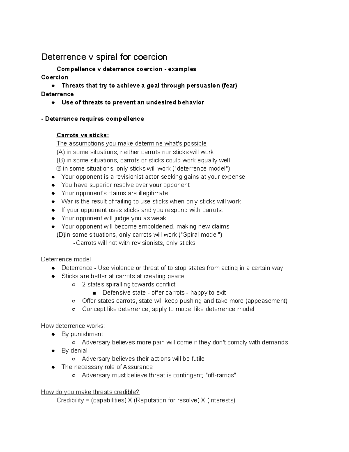 Intp115 exam prep - Cheat sheet - Deterrence v spiral for coercion ...