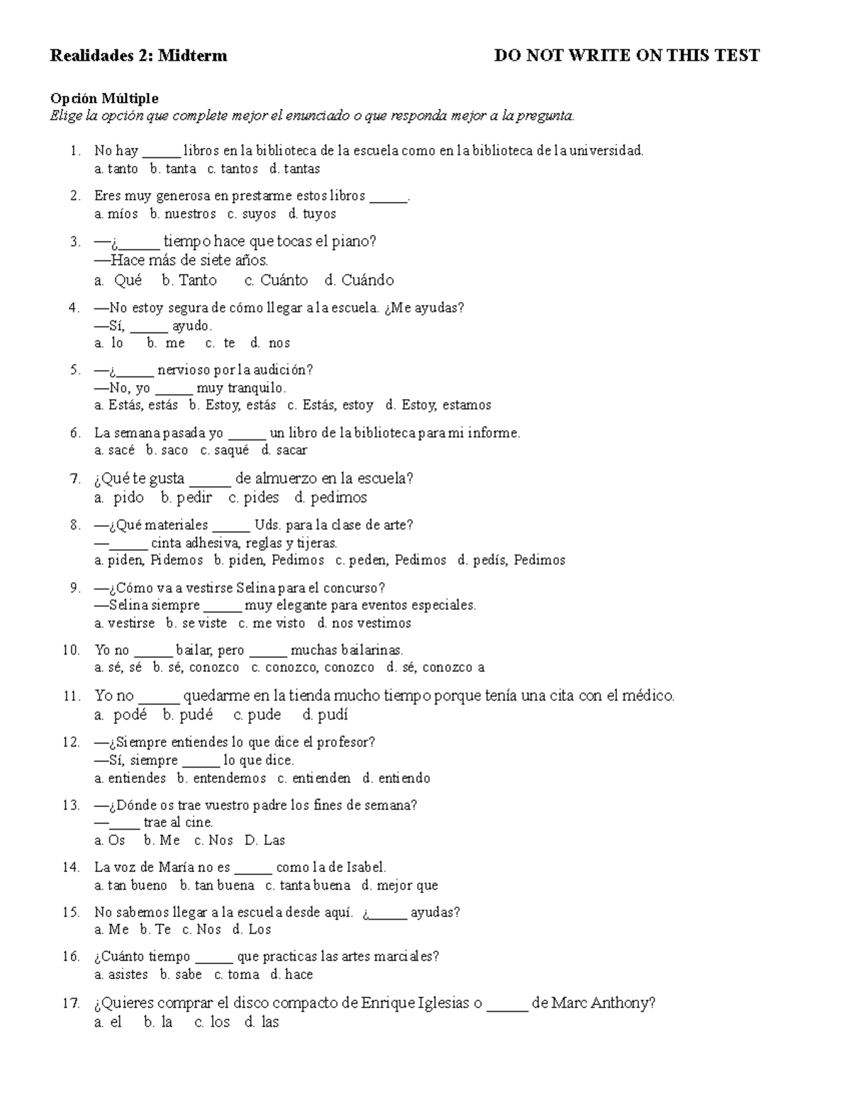 2015 2016 SP 2 Practice Midterm - Realidades 2: Midterm DO NOT WRITE ON ...