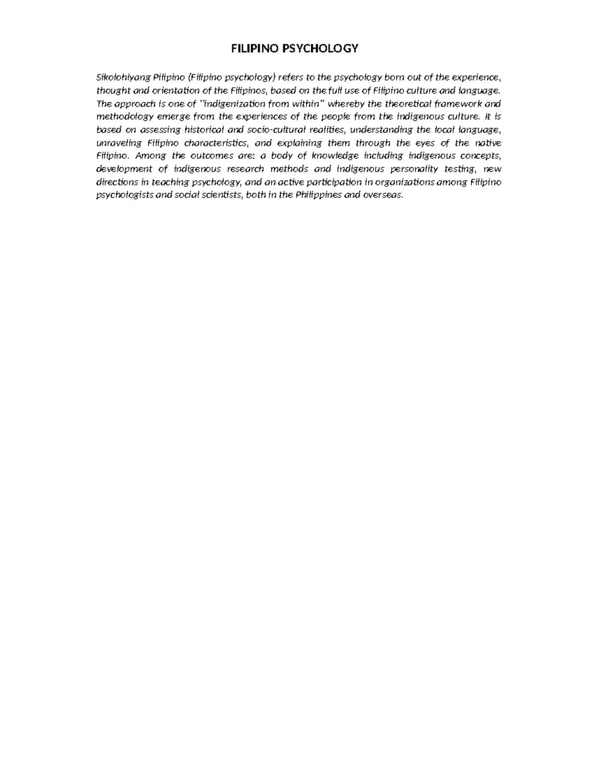 Summary of Siko Pil - Introduction to Sikolohiyang Pilipino - FILIPINO ...