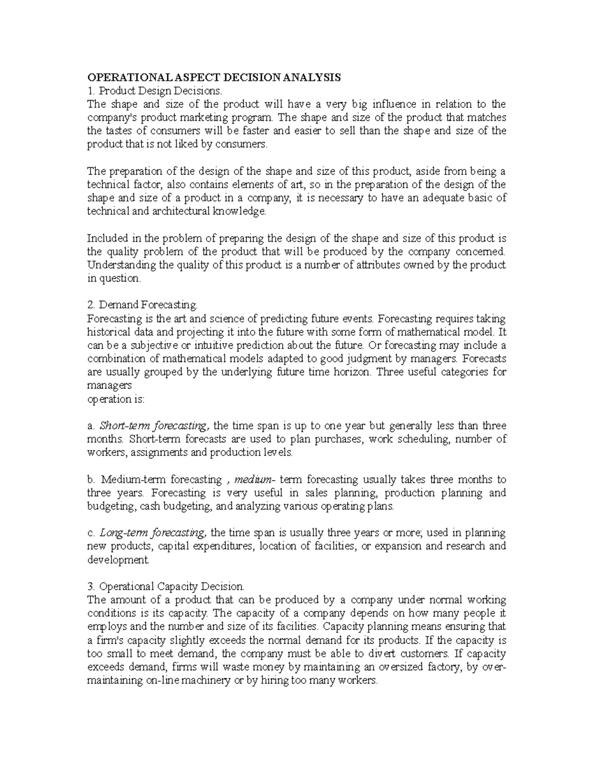 Operational Aspect Decision Analysis Operational Aspect Decision ...