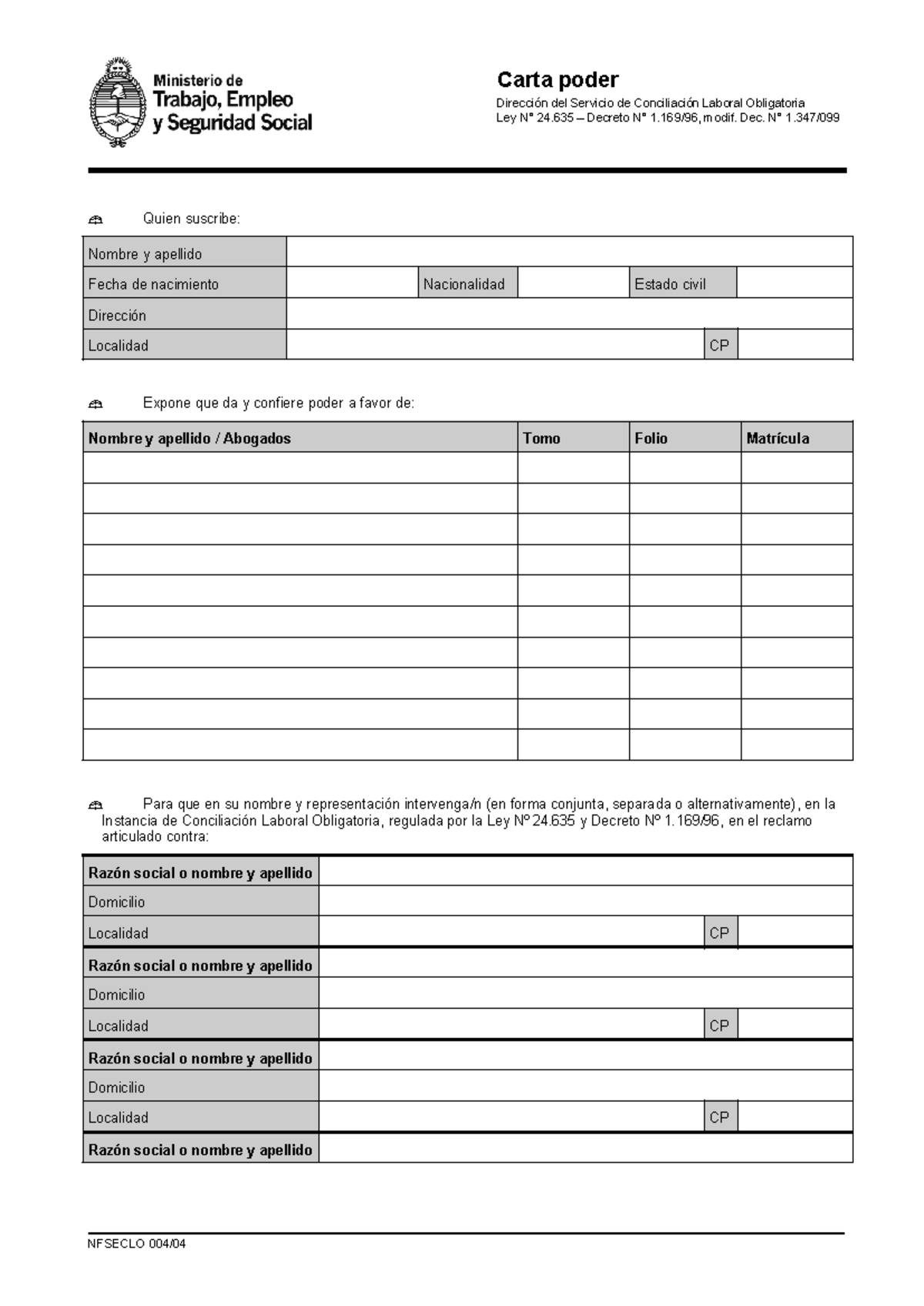 Carta poder seclo - Carta poder Dirección del Servicio de Conciliación ...