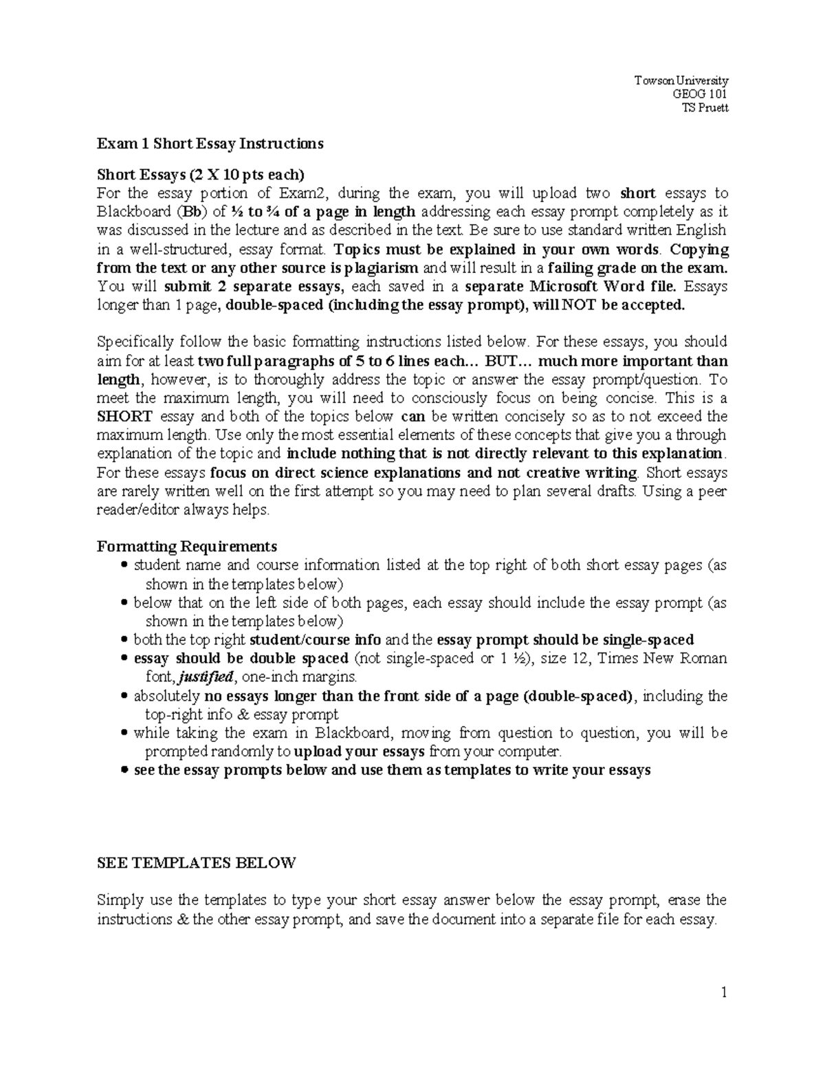 Exam 1 online essay instructions - Towson University GEOG 101 TS Pruett ...