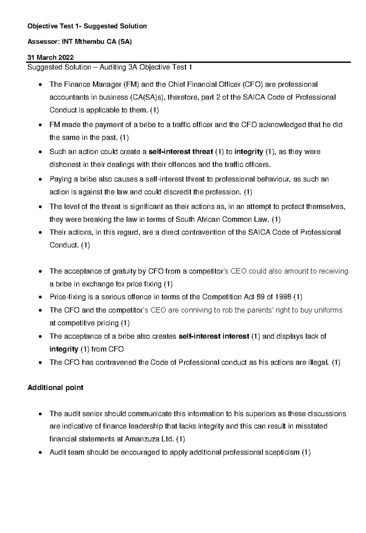 Auditing 3A-Objective Test 1 Suggested Solution - Objective Test 1 ...