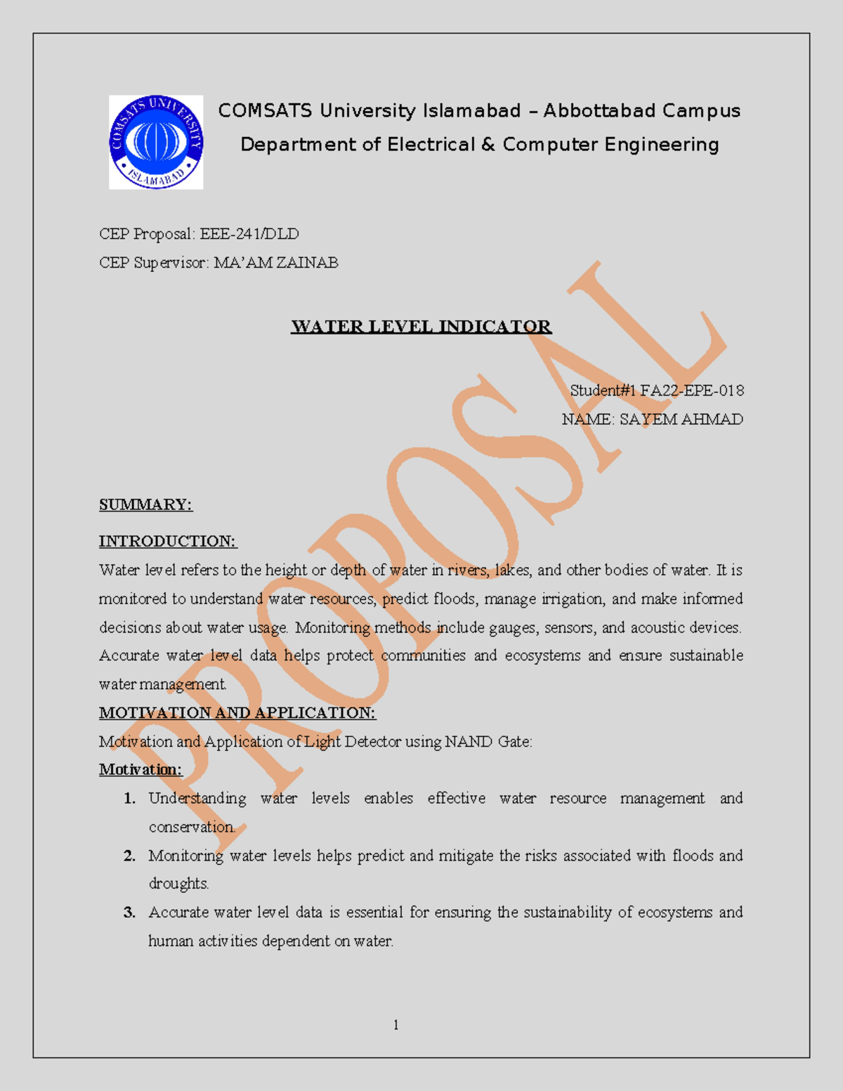 Water level indicator - Proposal of electronic 1 - COMSATS University ...