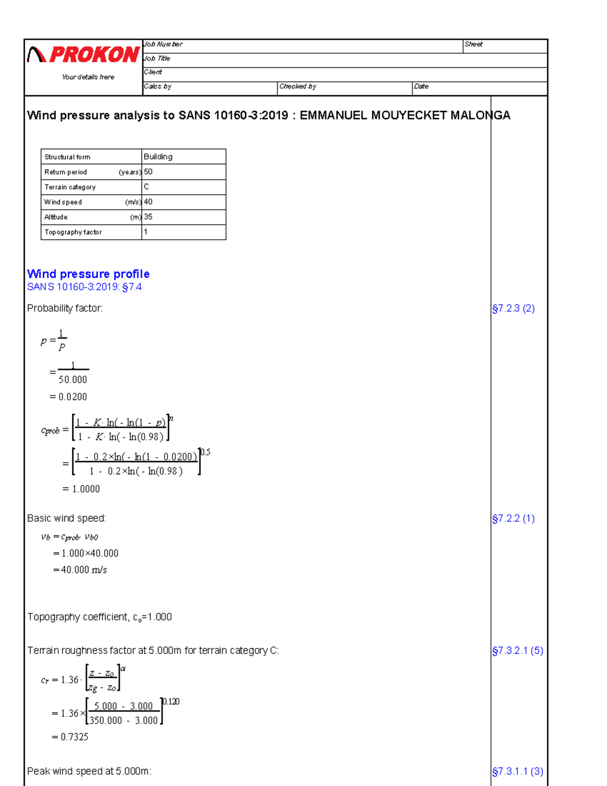 EMM ICP WIND Loads - Prokon wind analysis - Wind pressure analysis to SANS 10160-3:2019 ...