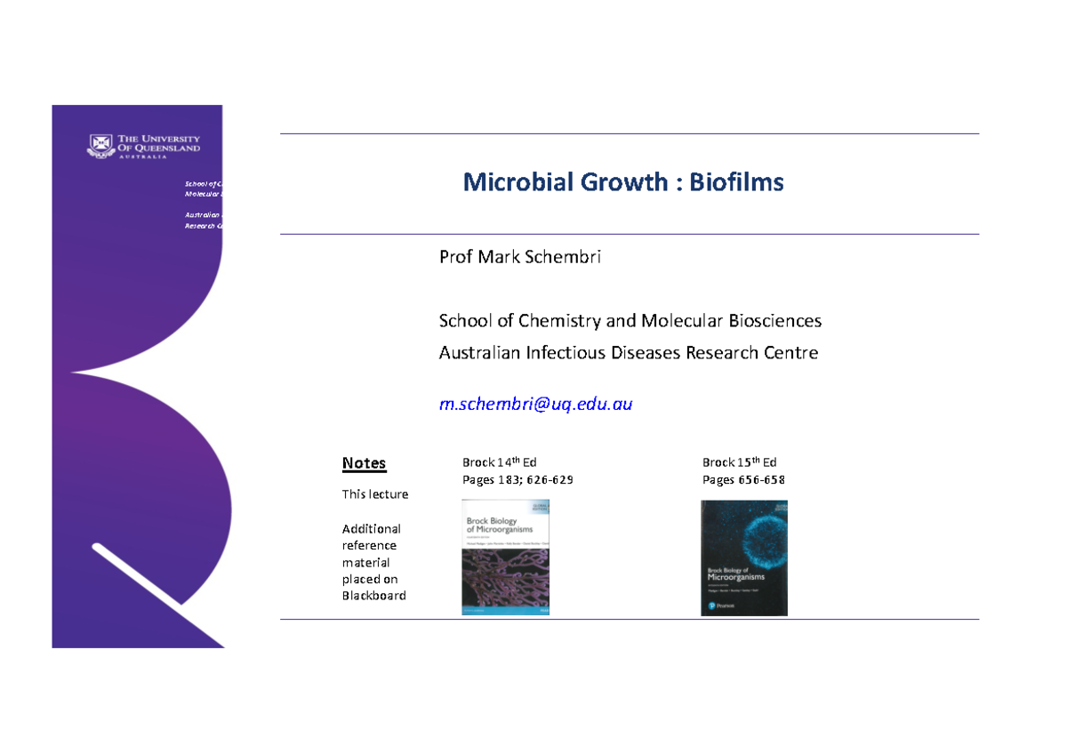 Schembri L2-1slide - lecture slides - Microbial Growth : Biofilms ...