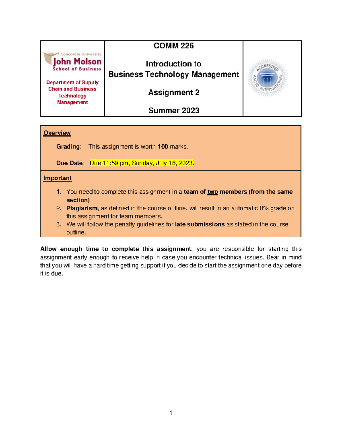 Assignment 2 Summer 2023 - Department of Supply Chain and Business Technology Management COMM ...