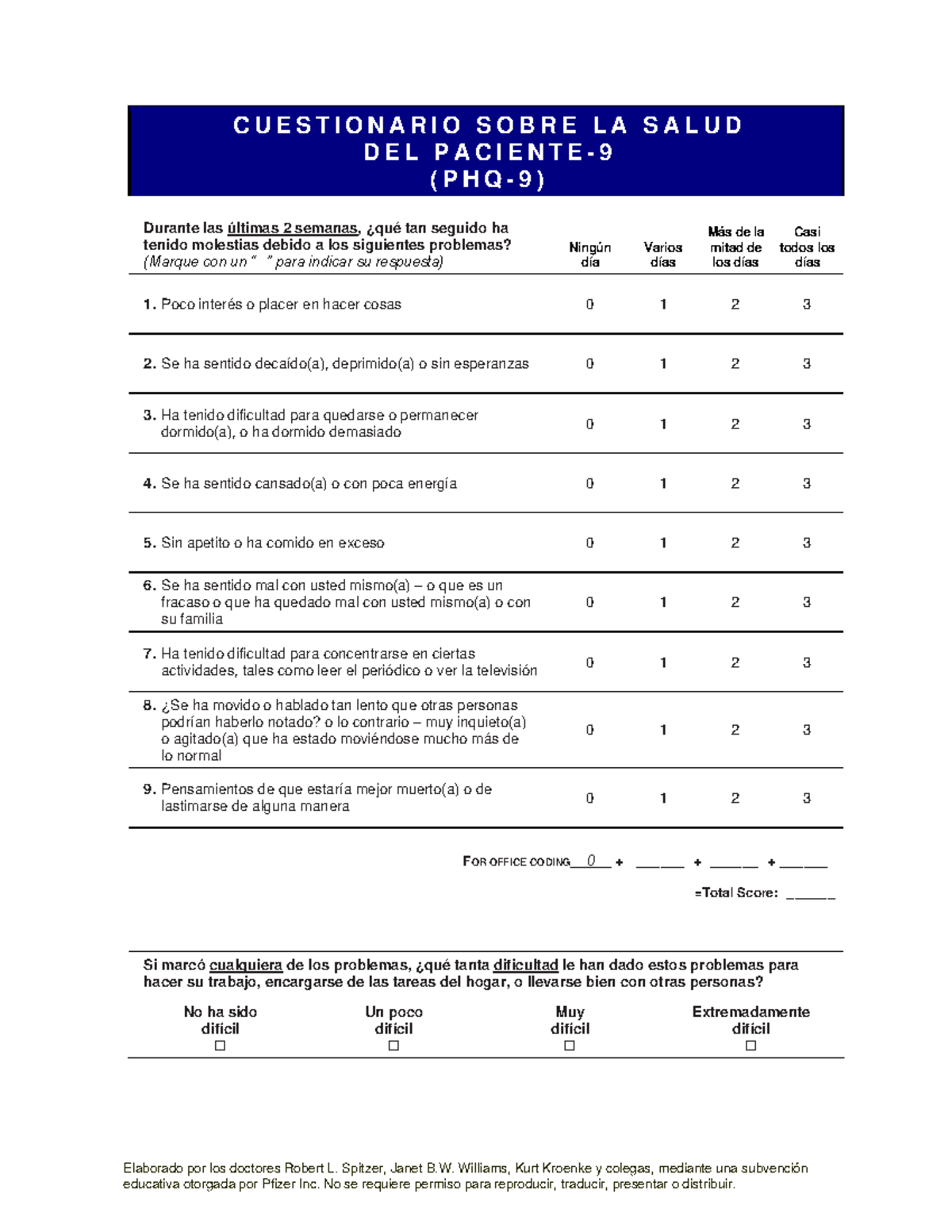 Patient Health Questionnaire 9 Spanish 0 - C U E S T I O N A R I O S O ...