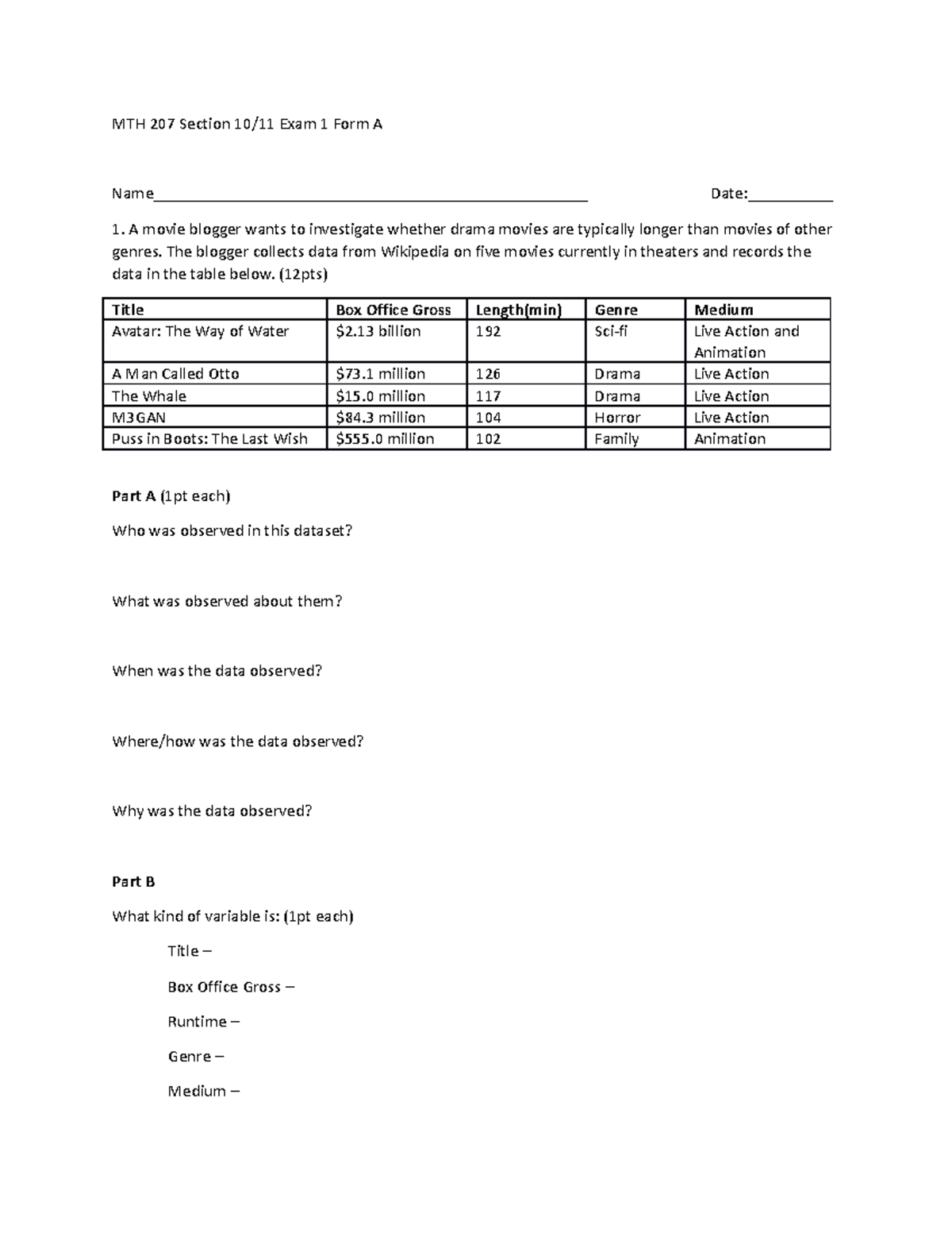 MTH+207+Exam+1+S2023+ 1 - MTH 207 Section 10/11 Exam 1 Form A - Studocu