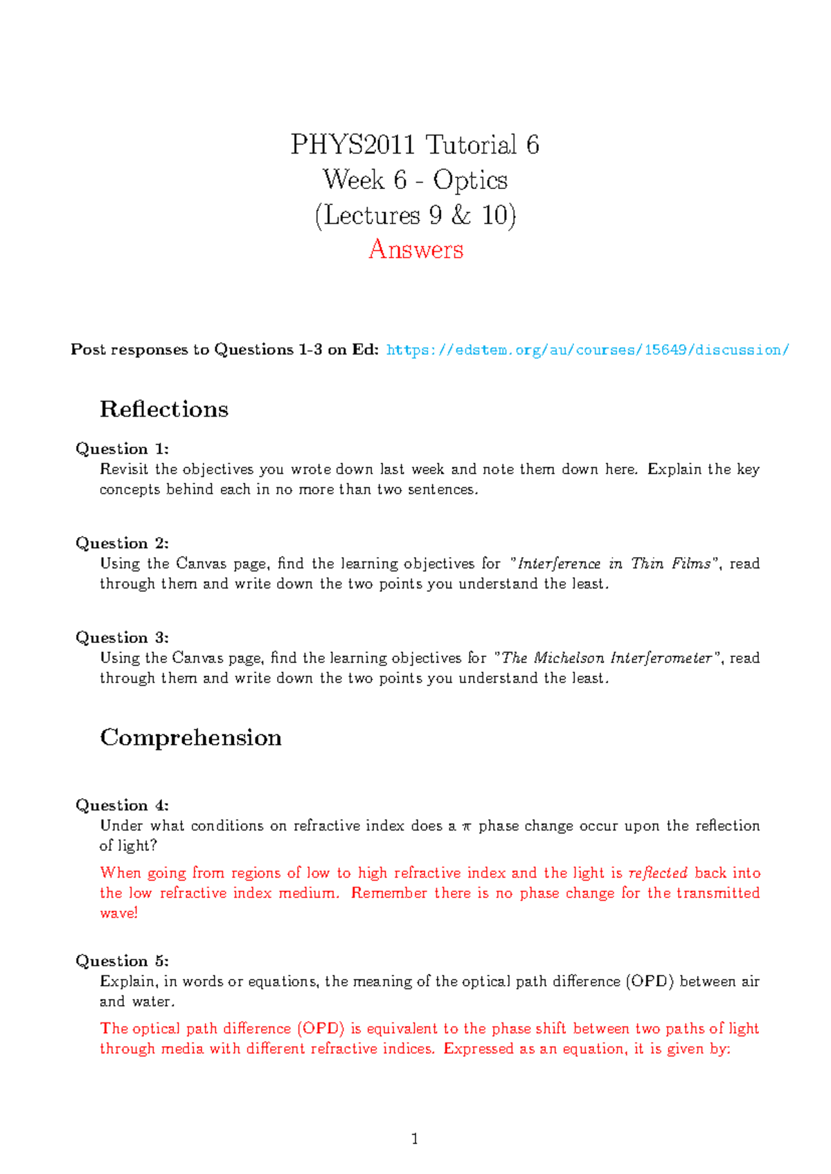 PHYS2011 optics tutorial 6 ans - PHYS2011 Tutorial 6 Week 6 - Optics (Lectures 9 & 10) Answers ...