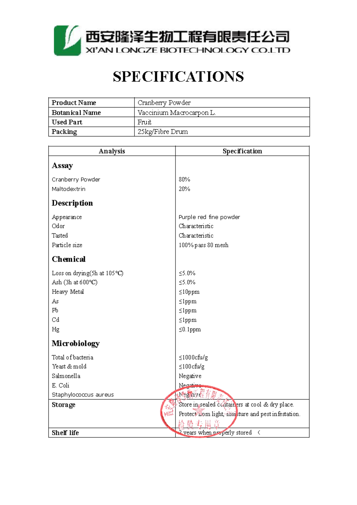 FT TDS Cranberry Powder - SPECIFICATIONS Analysis Specification Assay ...