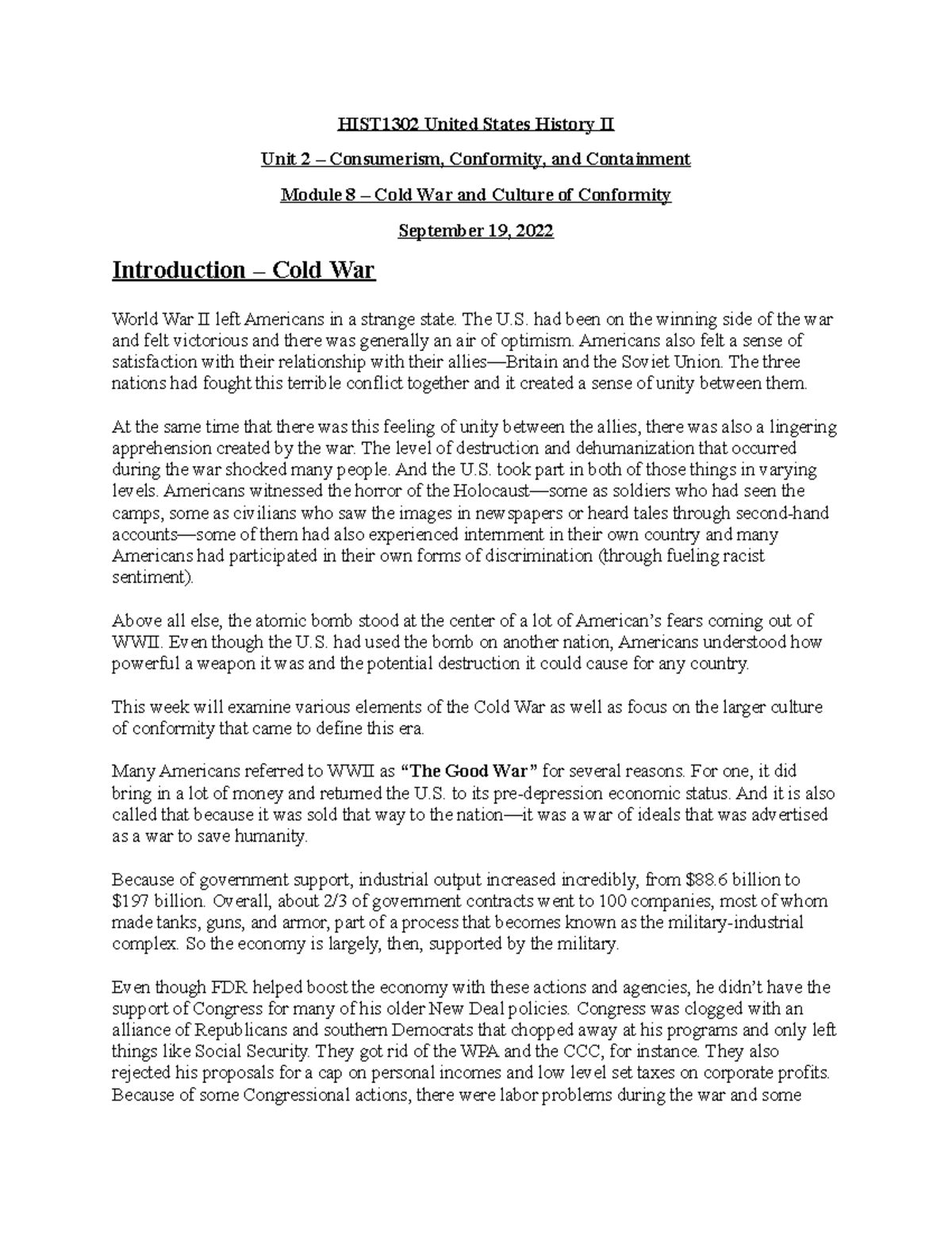 HIST1302 Unit 2 Module 8 Cold War and Culture of Conformity - HIST1302 ...