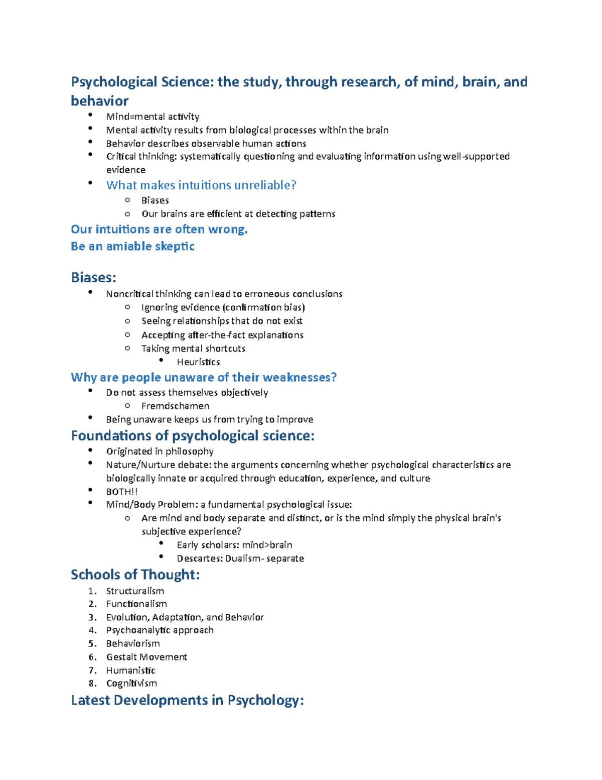 Chapter 1 Psy 100 - Psychological Science: the study, through research ...