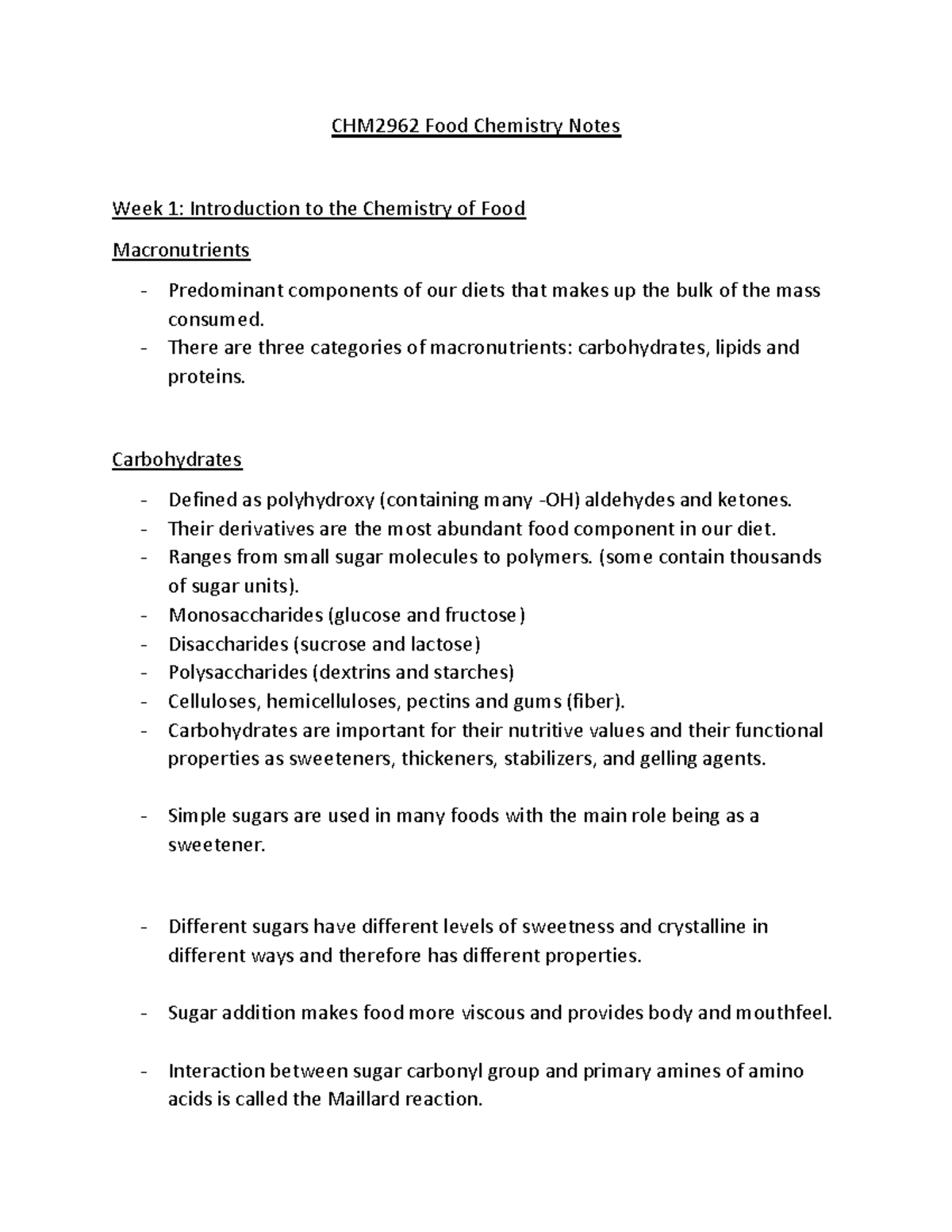 CHM2962 Food Chemistry Notes - There are three categories of ...