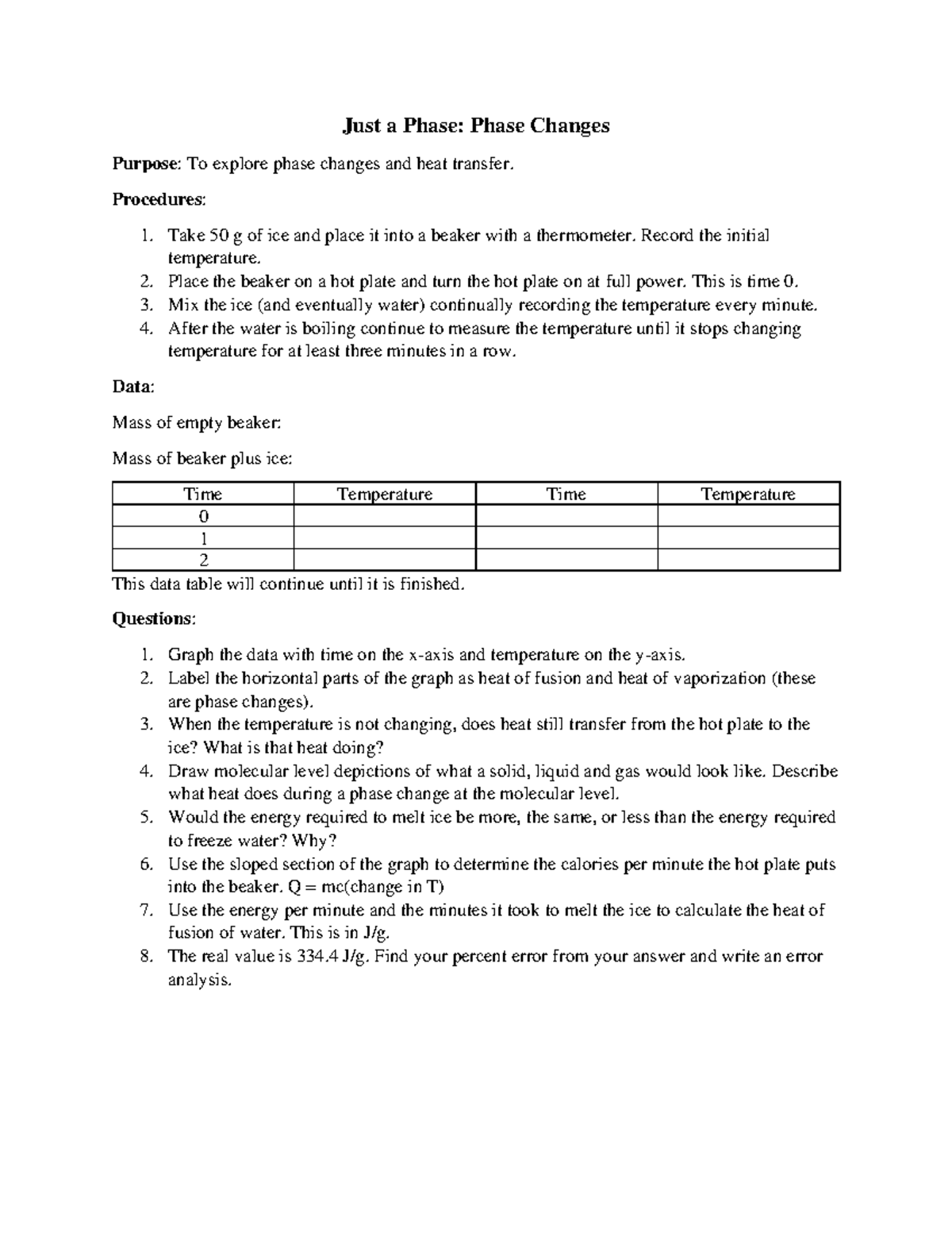 Just+a+Phase - this is work - Just a Phase: Phase Changes Purpose: To ...