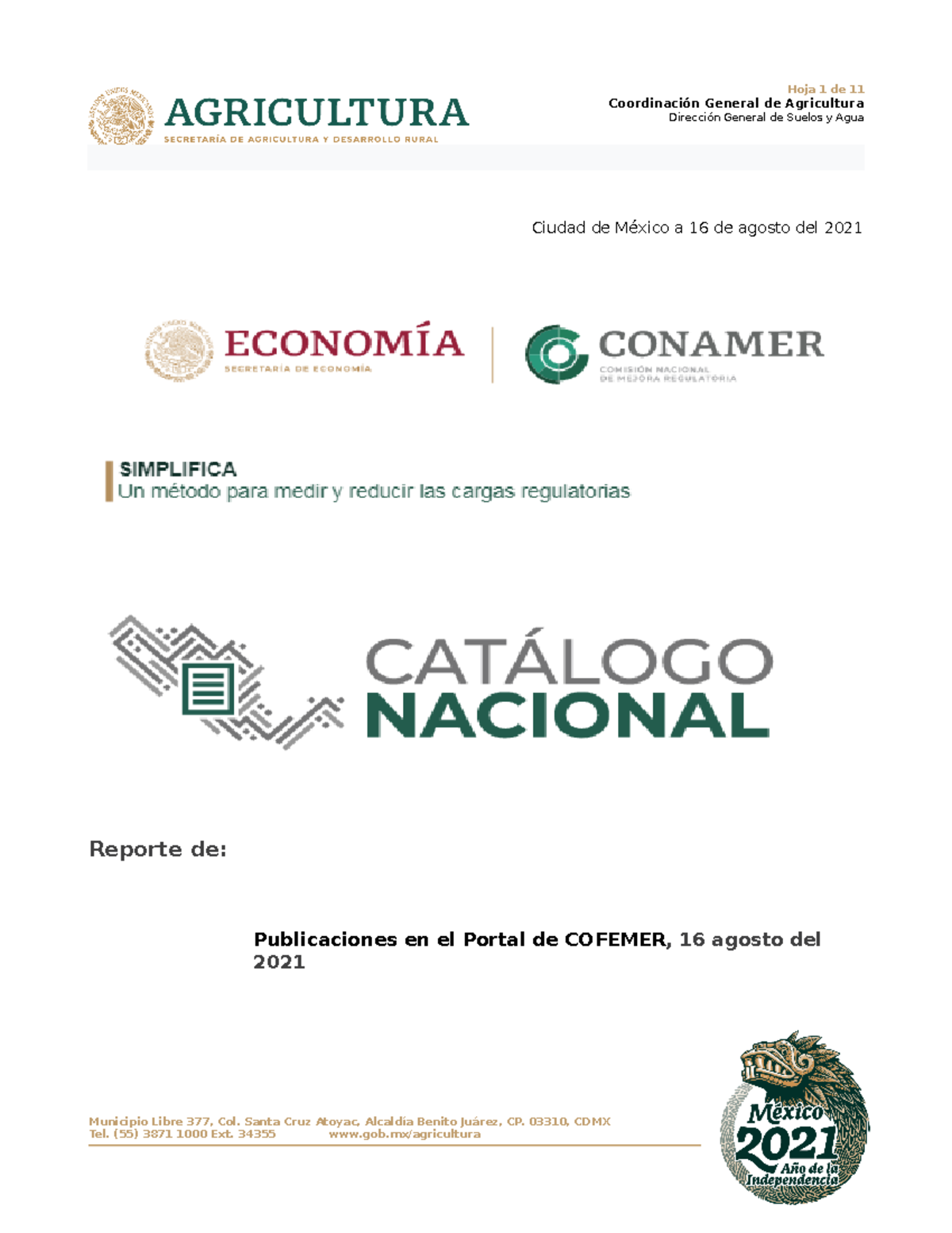 Informe Conamer 16 Agosto 2021 - Coordinación General de Agricultura ...