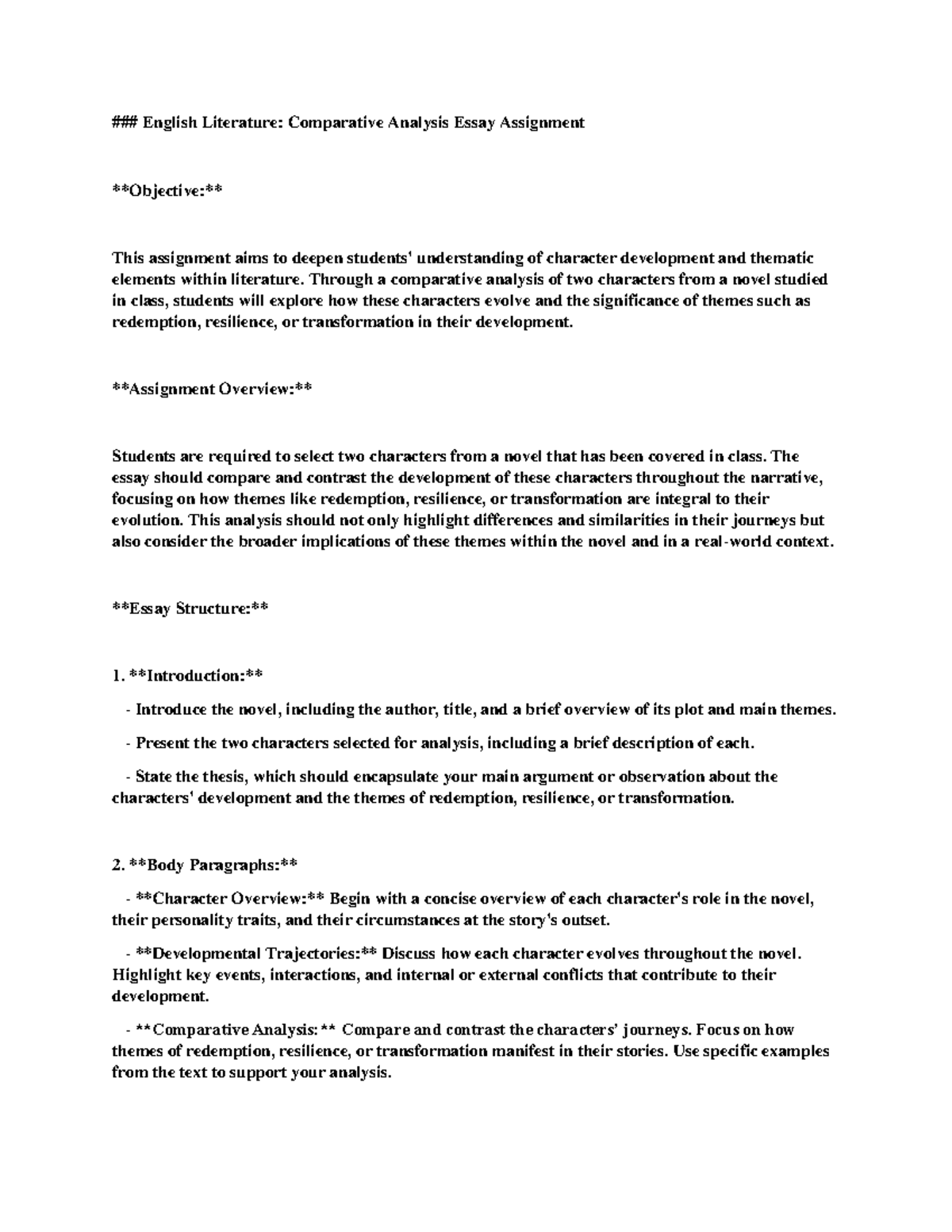 English Literature - This essay assignment provides students with an ...