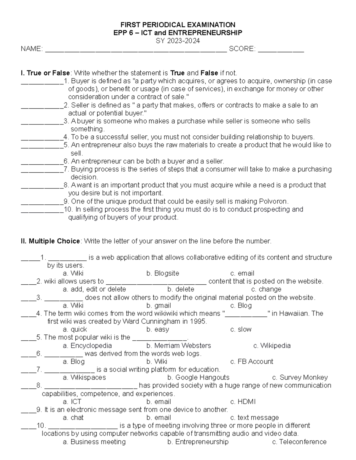 PT EPP-ICT 6 Q1 - FIRST PERIODICAL EXAMINATION EPP 6 – ICT and ...