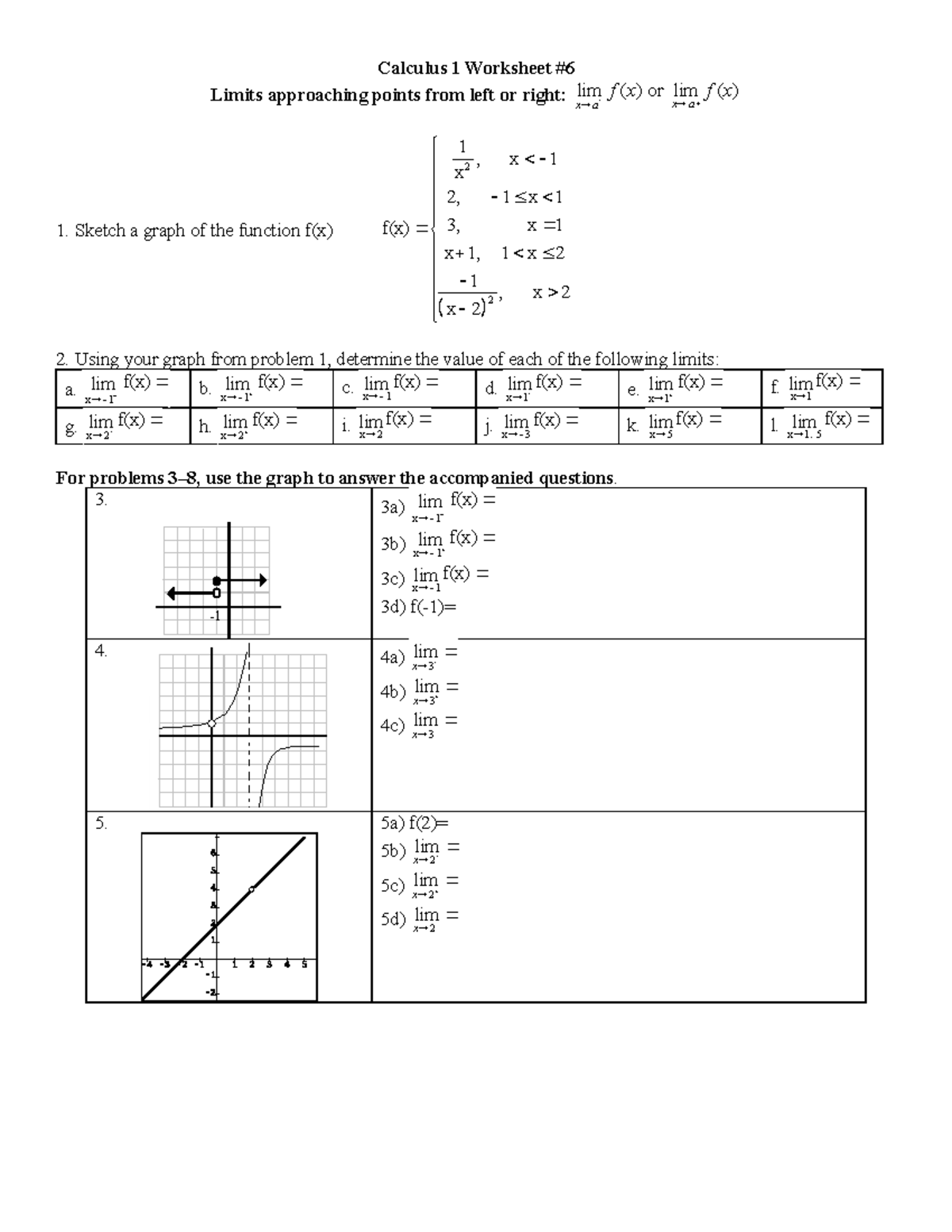 AB ws 006 limits left right - Calculus 1 Worksheet Limits approaching ...