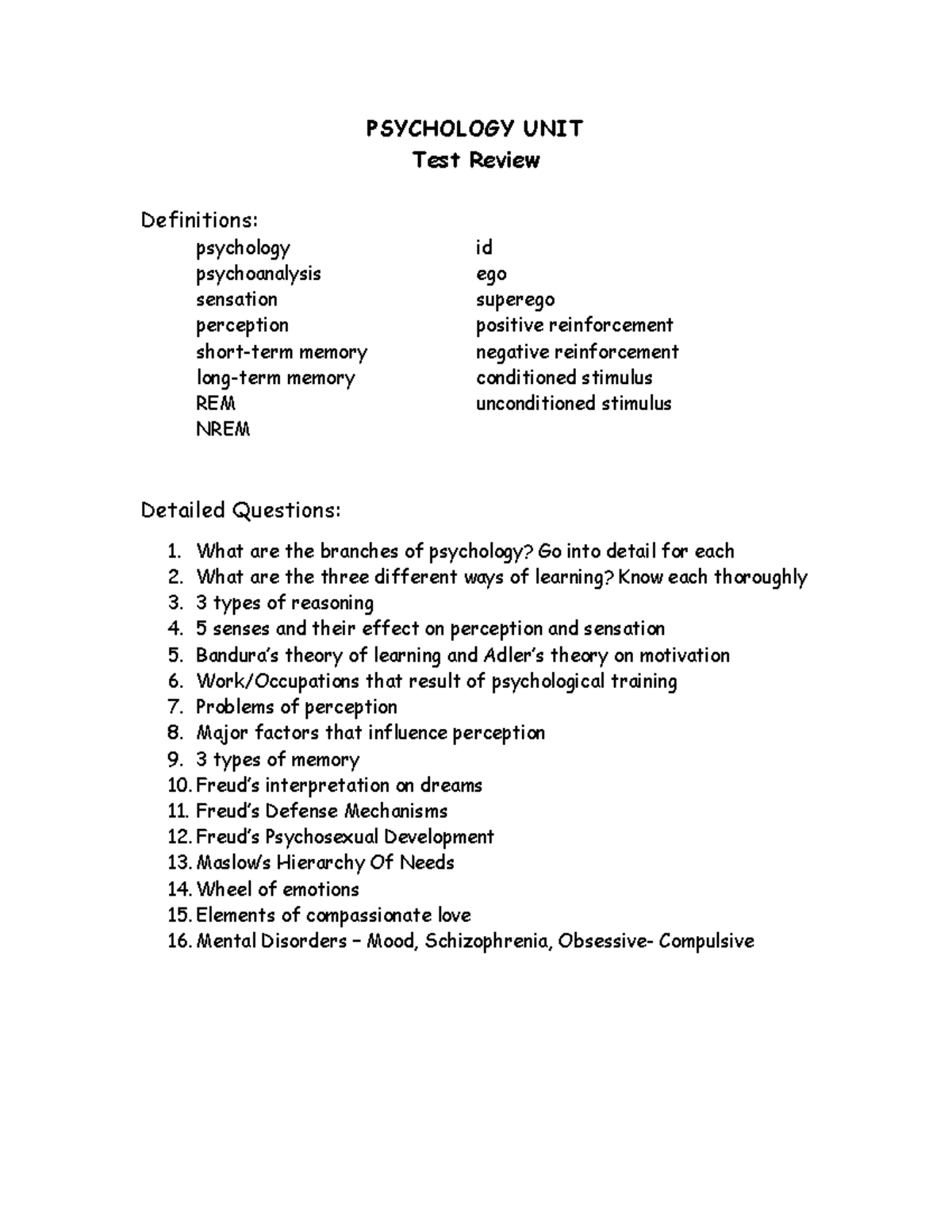 Psychology Test Review - PSYCHOLOGY UNIT Test Review Definitions ...