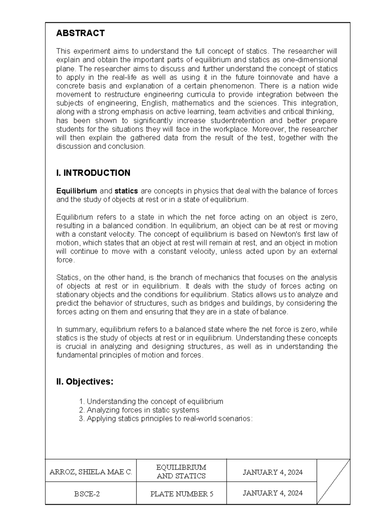 Arroz- Plate-4 - Physics, Plate 4 - ARROZ, SHIELA MAE C. EQUILIBRIUM ...
