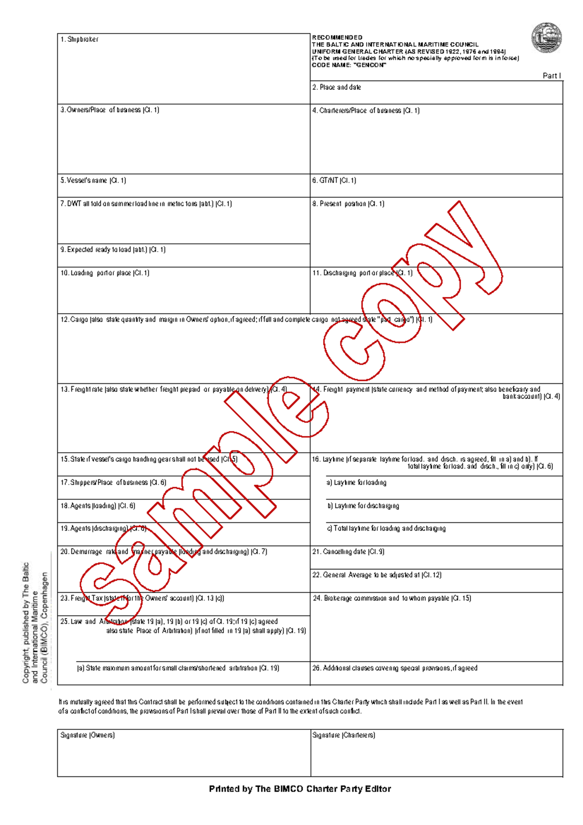 Gencon 94 - RECOMMENDED THE BALTIC AND INTERNATIONAL MARITIME COUNCIL ...