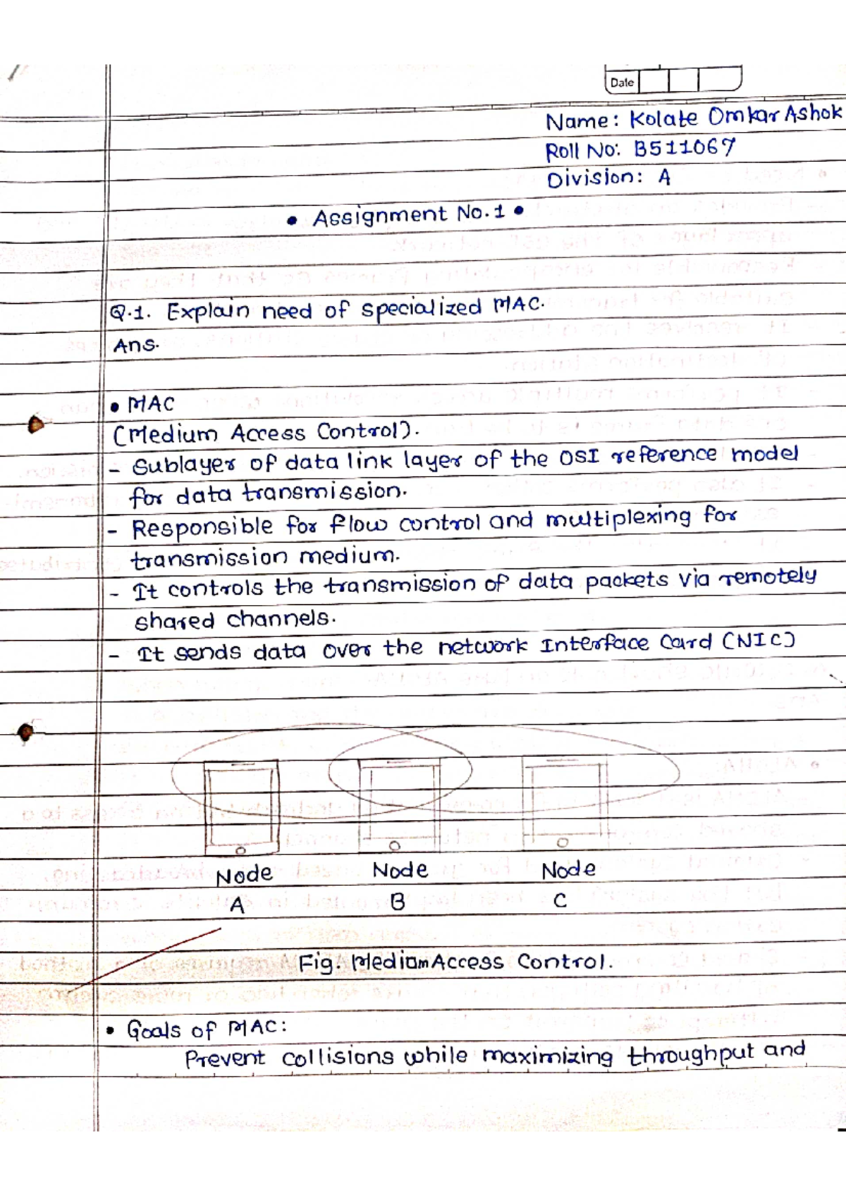Assignment 1 MC - Be it imp isr and mc paper solution - Date Name: Kolate Omkar Ashok Roll No ...