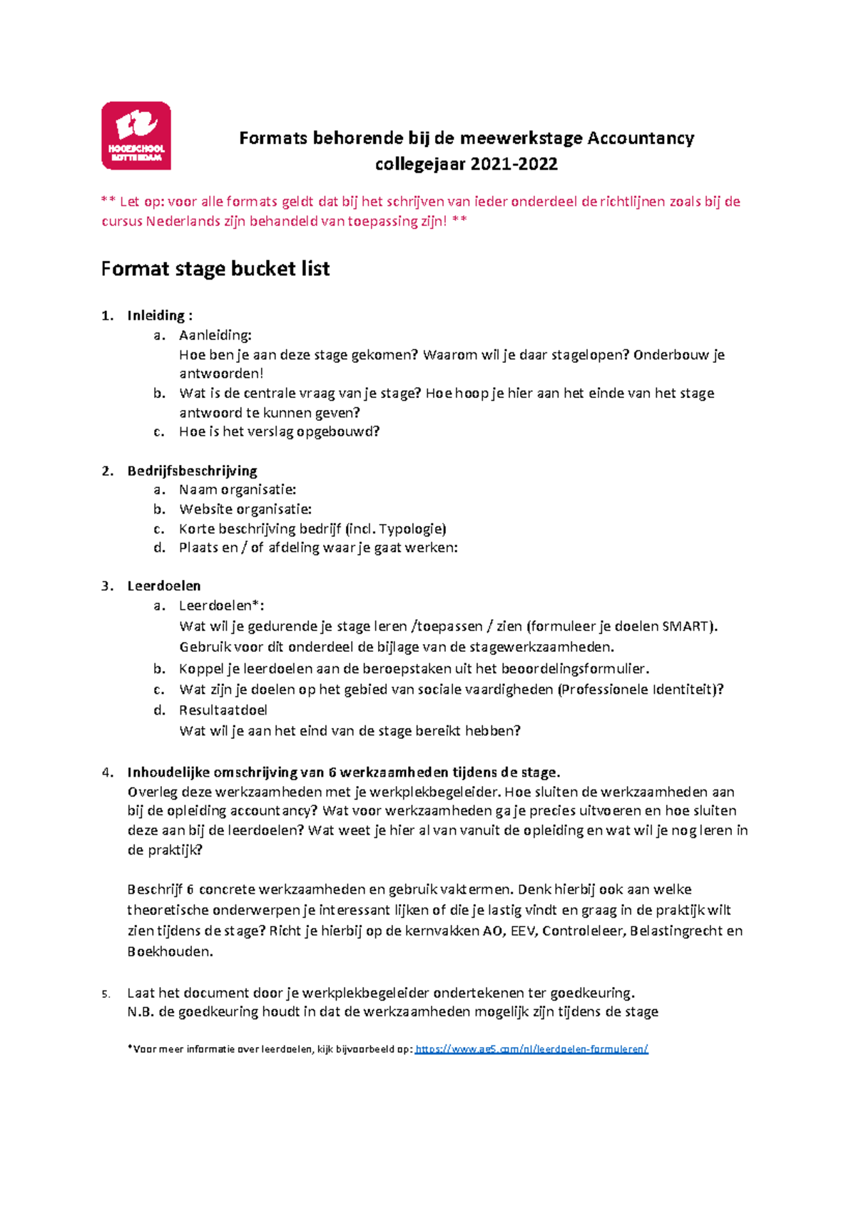 Format stage bucket list stagevoorstel en (tussentijds) verslag ...