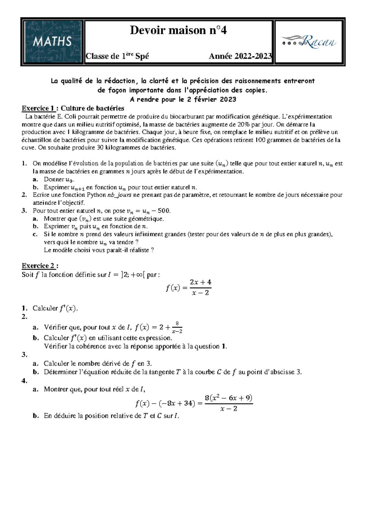 D M 04 - devoir maison de première spécialité - Devoir maison n° 4 Classe de 1ère Spé Année 202 ...