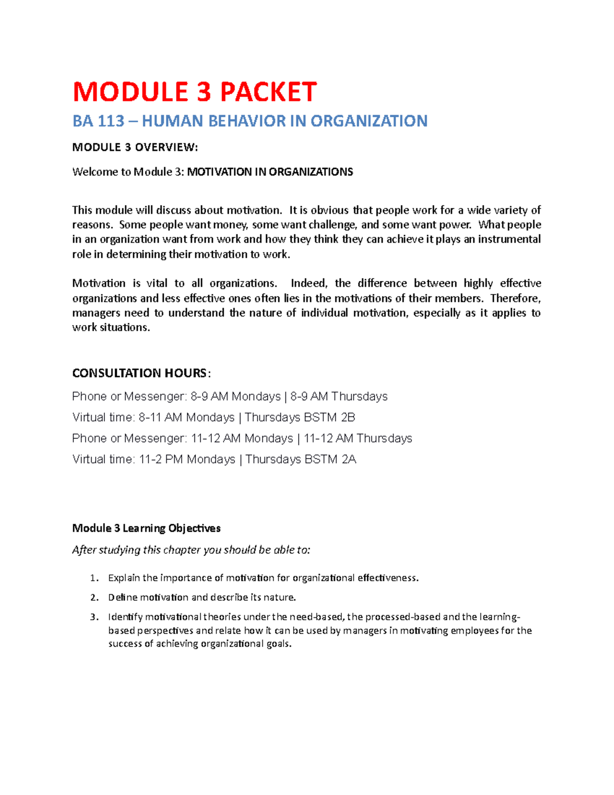 Module 3 - Motivation IN Organization - MODULE 3 PACKET BA 113 – HUMAN ...