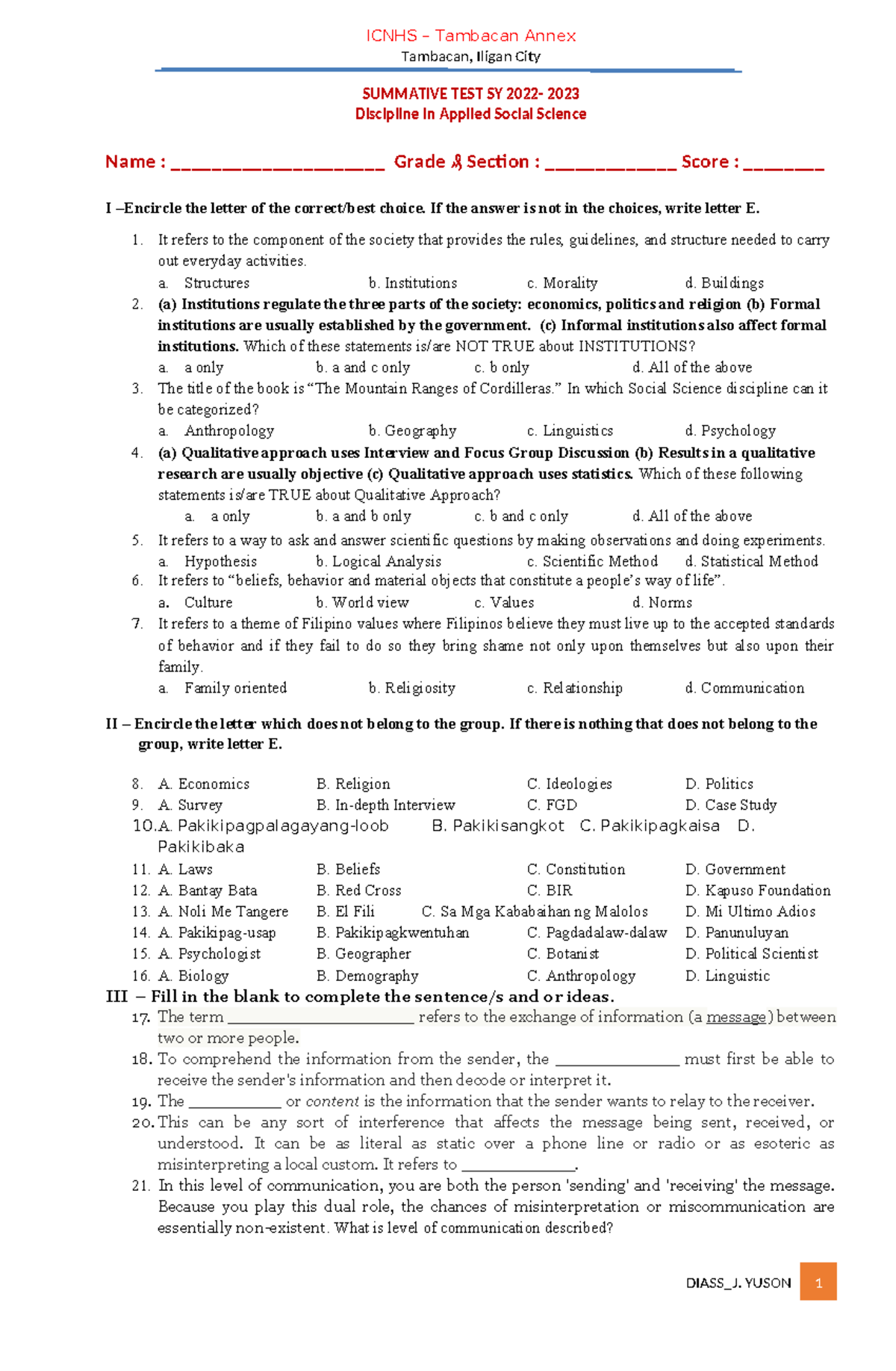 Diass- Summative-TEST - ICNHS – Tambacan Annex Tambacan, Iligan City ...