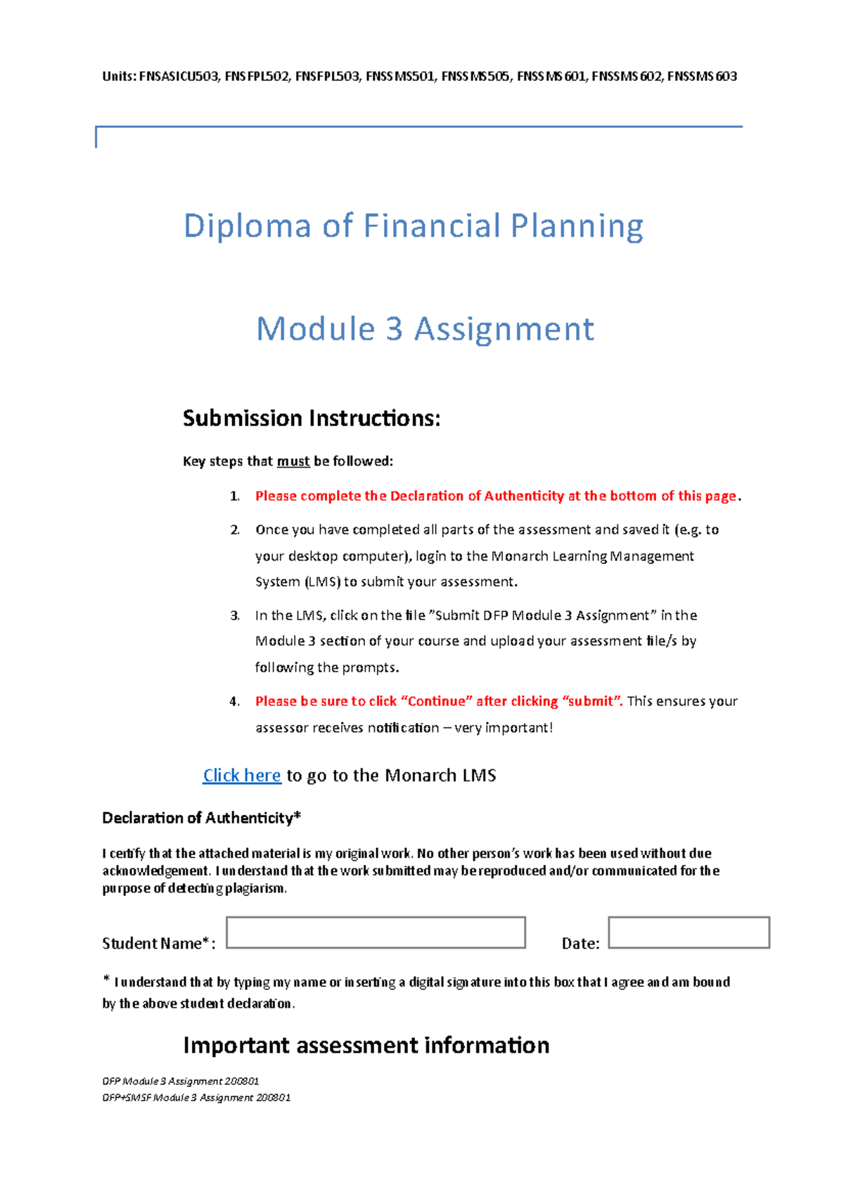 DFP Module 3 Assignment 2008 01 - Diploma of Financial Planning Module ...
