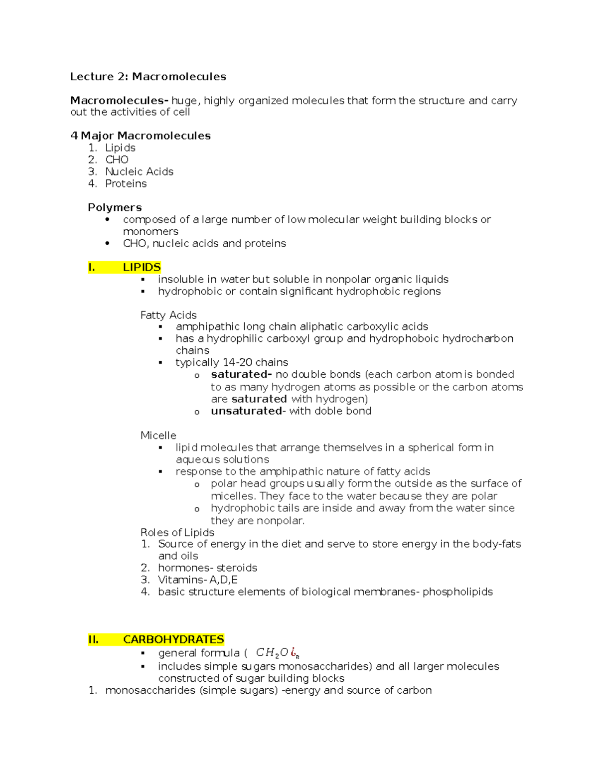Lecture 2 - Lecture 2: Macromolecules Macromolecules- huge, highly ...