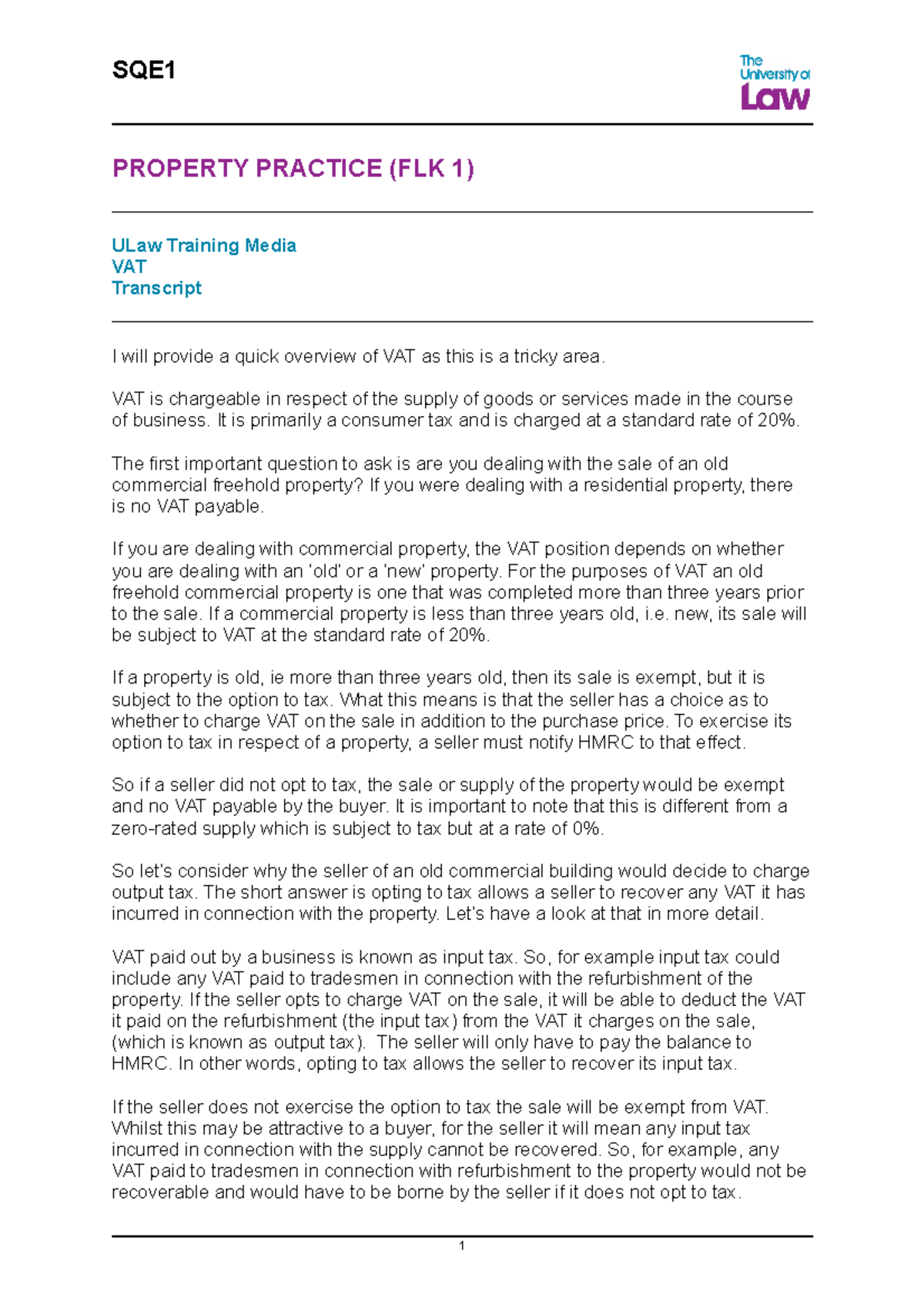2223 sqe1 pp u01 ce01 video VAT transcript - SQE PROPERTY PRACTICE (FLK 1) ULaw Training Media ...