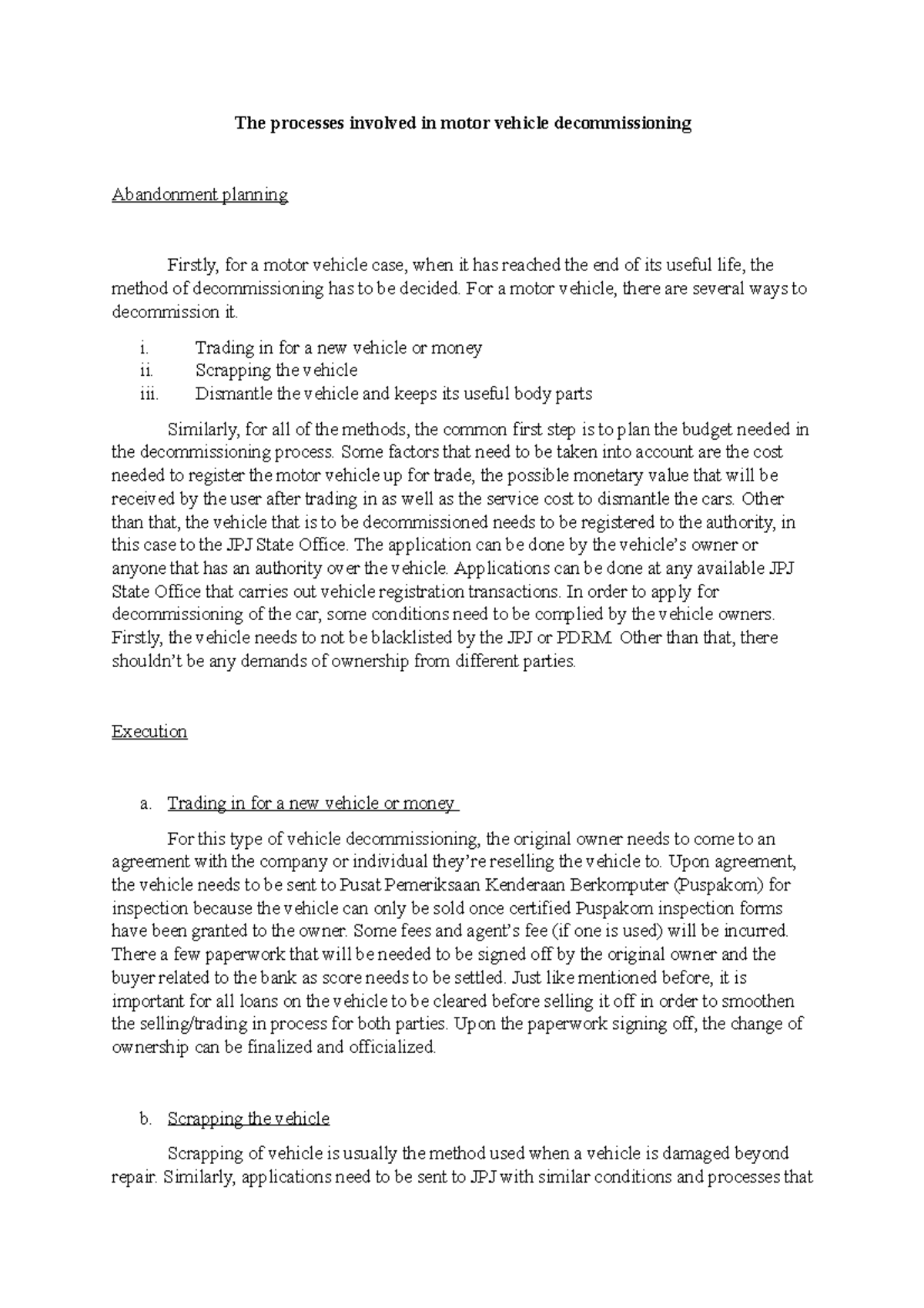 The processes involved in motor vehicle decommissioning - Reservoir ...