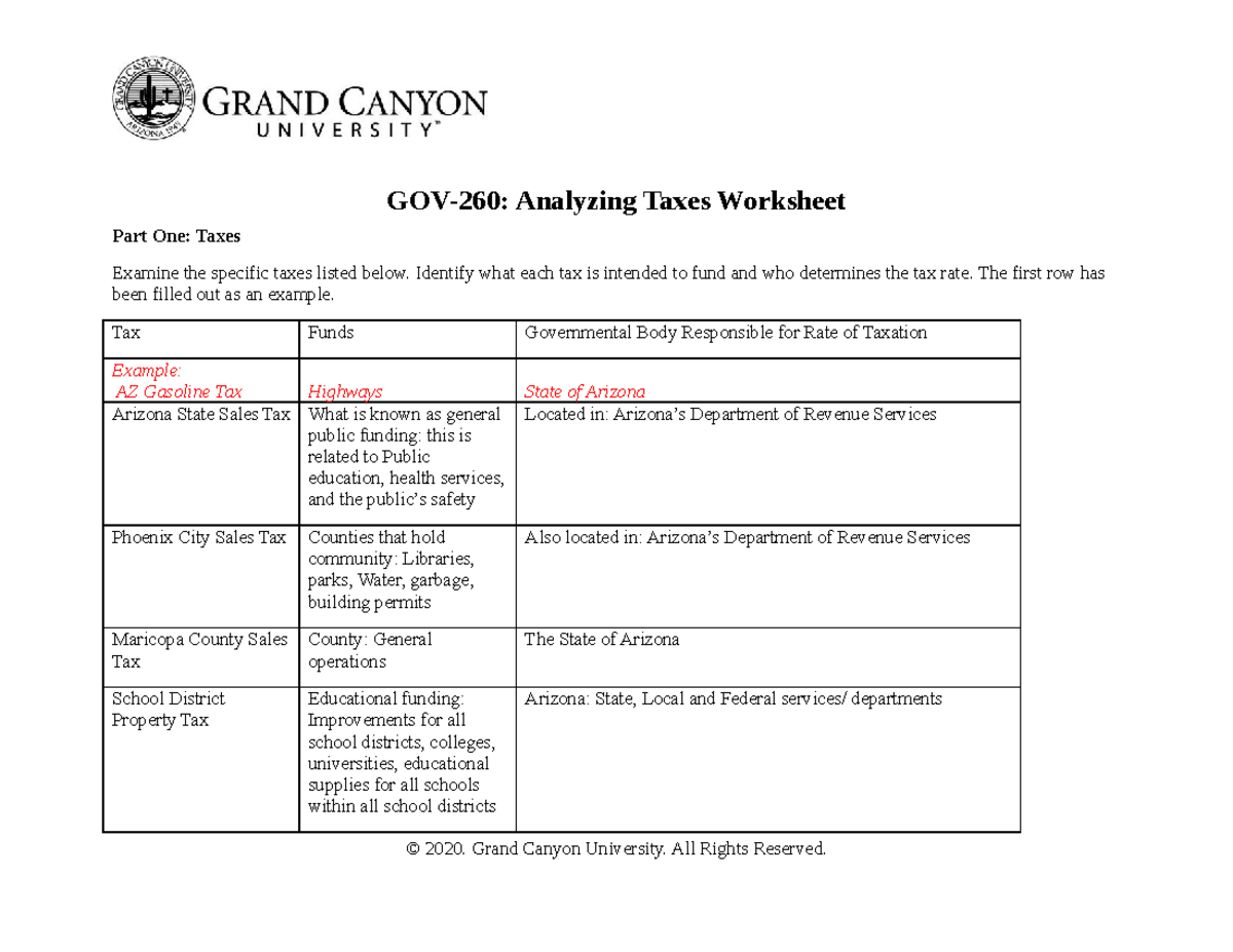 GOV-260-Analyzing Tax Worksheet Final - Analyzing Taxes Worksheet Part ...