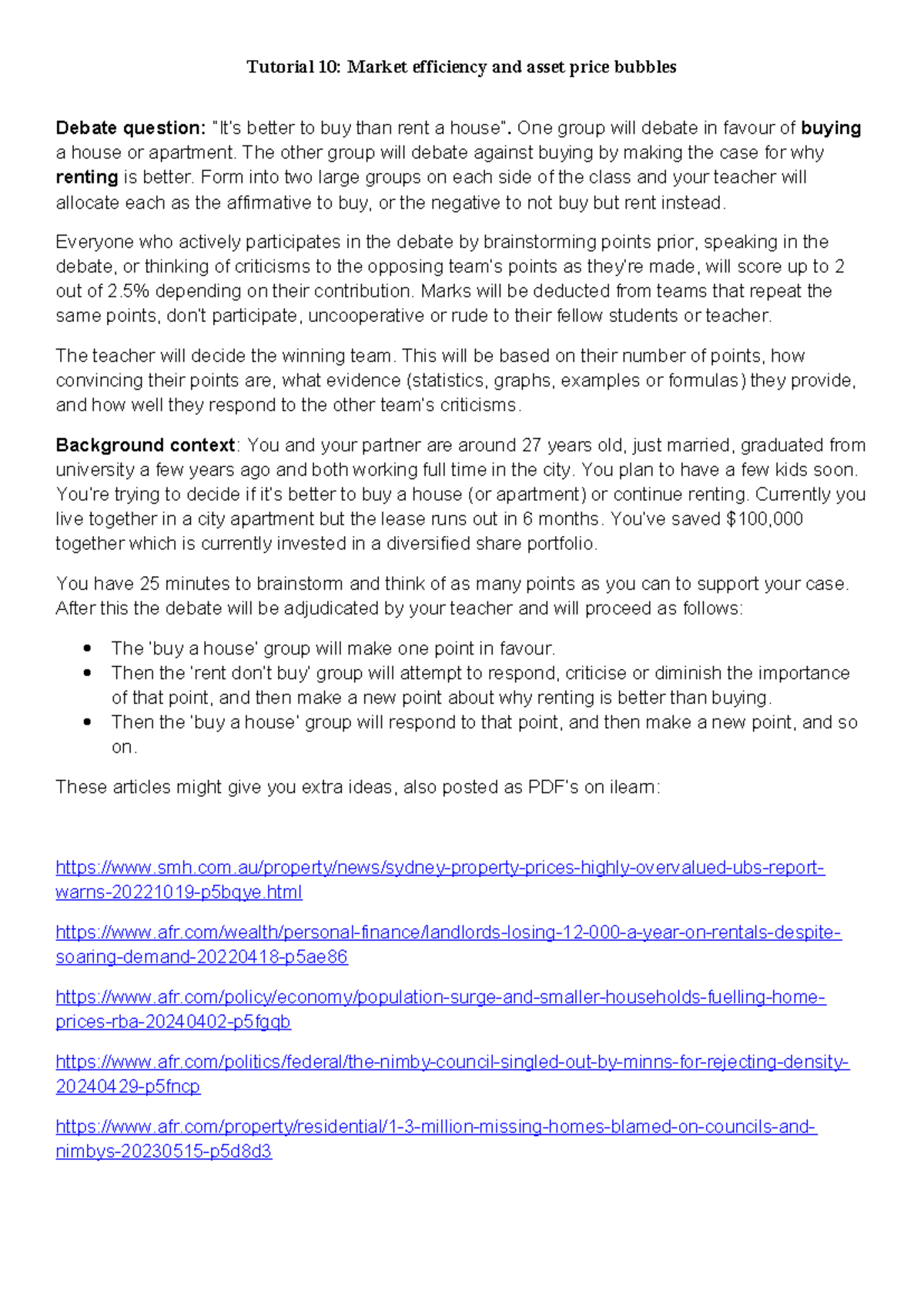 10 tutorial questions - practice material - Tutorial 10: Market efficiency and asset price ...