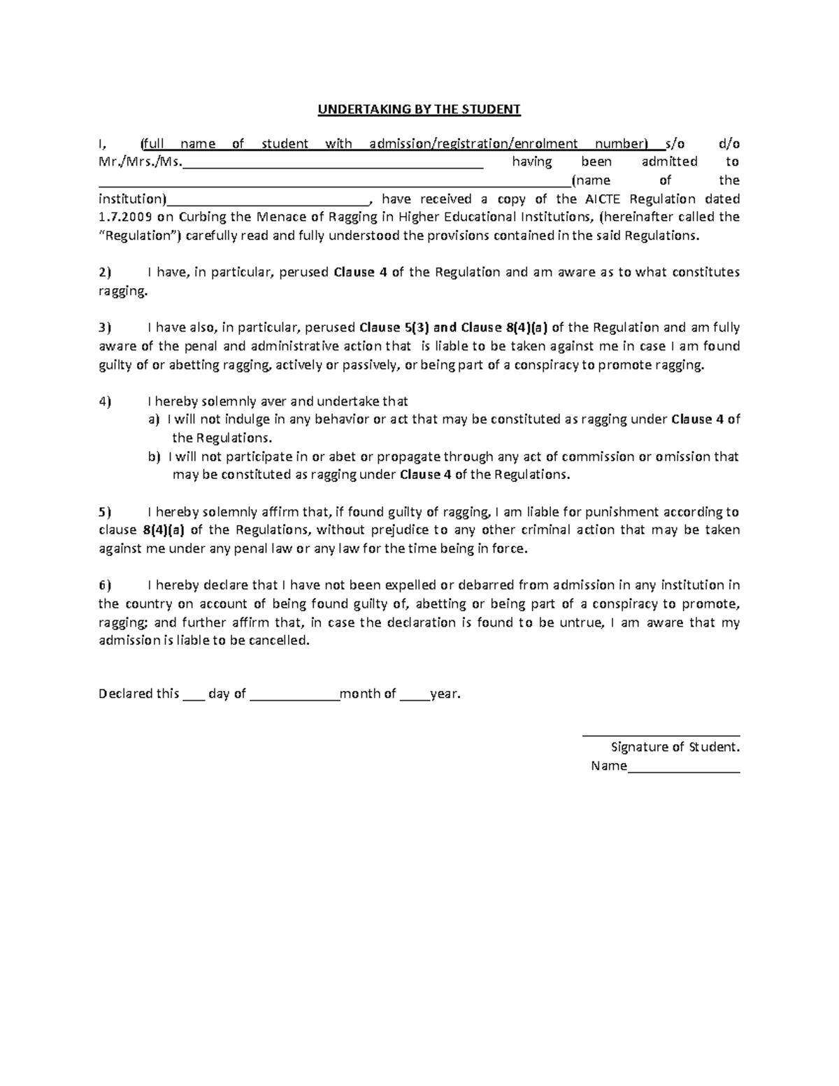 Undertaking - UNDERTAKING BY THE STUDENT I, (full name of student with ...