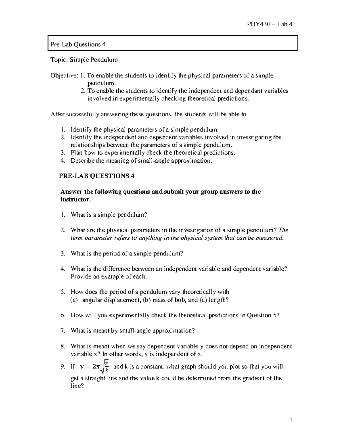 Expt 4- PHY430 PHY433 - Simple Pendulum - Pre-Lab Questions 4 Topic ...