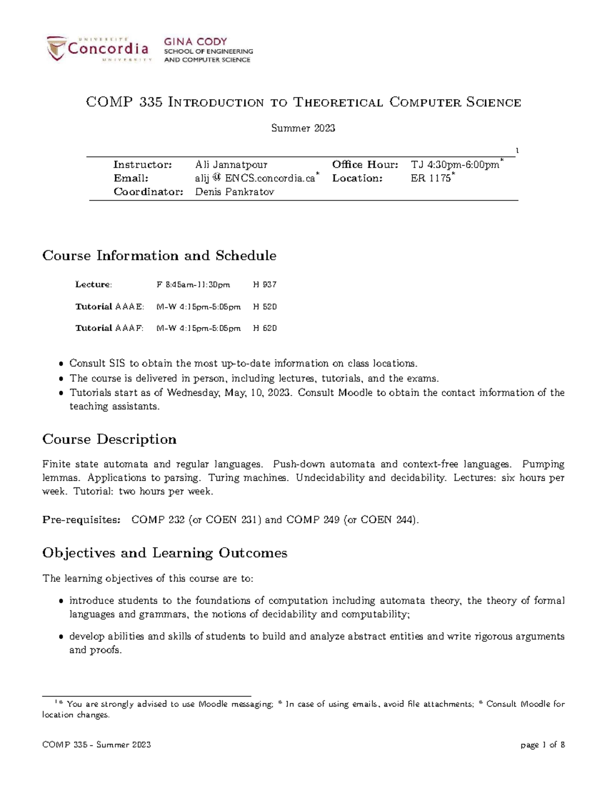 Comp 335 Outline Summer 2023 Comp 335 Introduction To Theoretical Computer Science Summer 2023