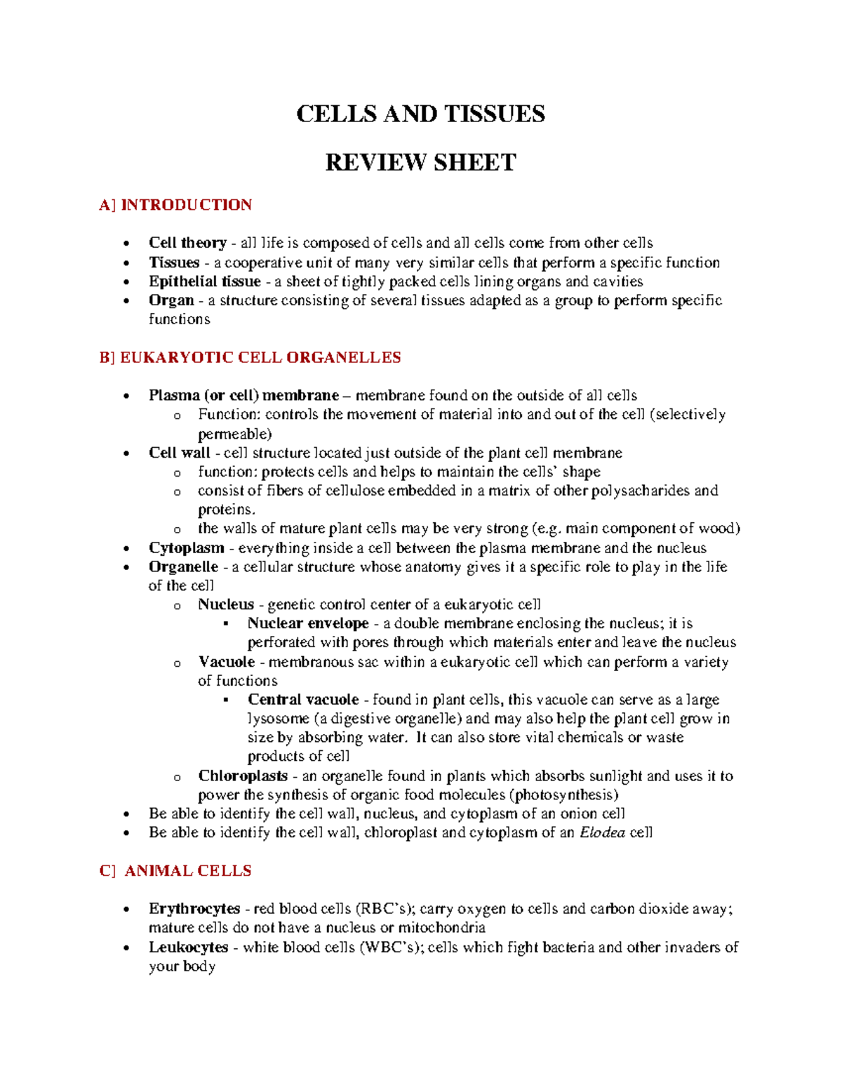 Cell Tissues Notes - CELLS AND TISSUES REVIEW SHEET A] INTRODUCTION ...
