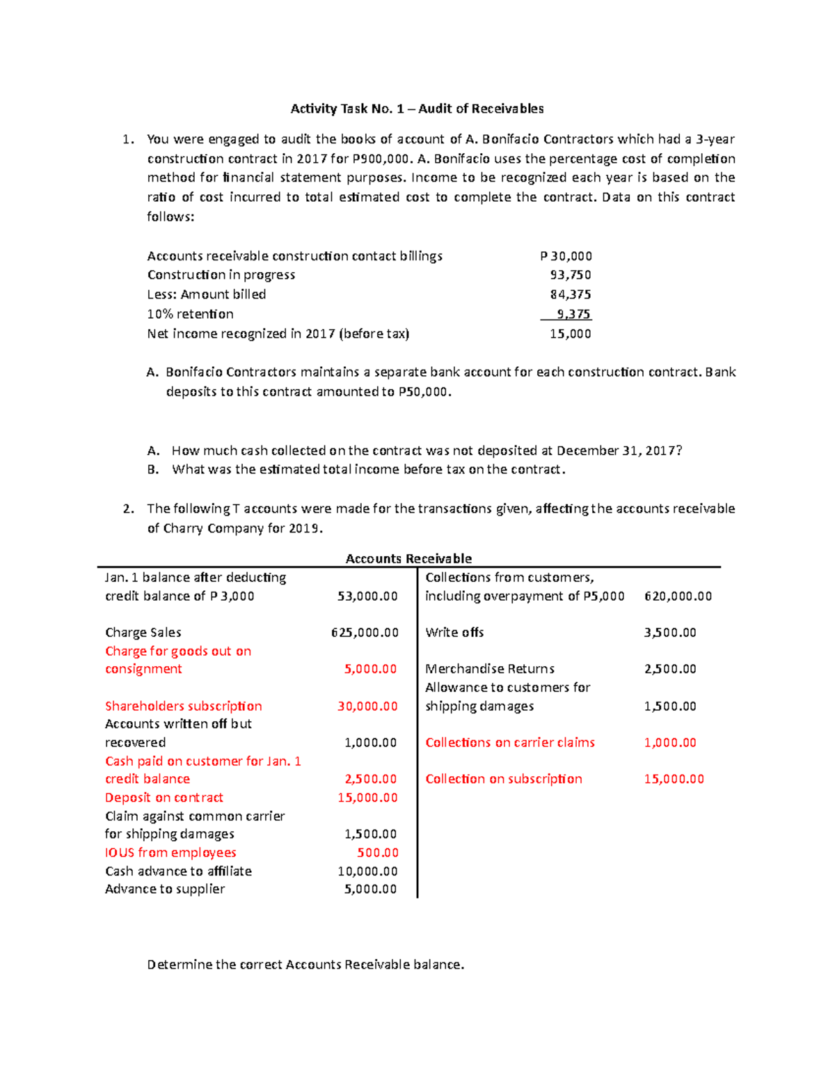 Audit of Receivables - Activity Task No. 1 – Audit of Receivables You ...