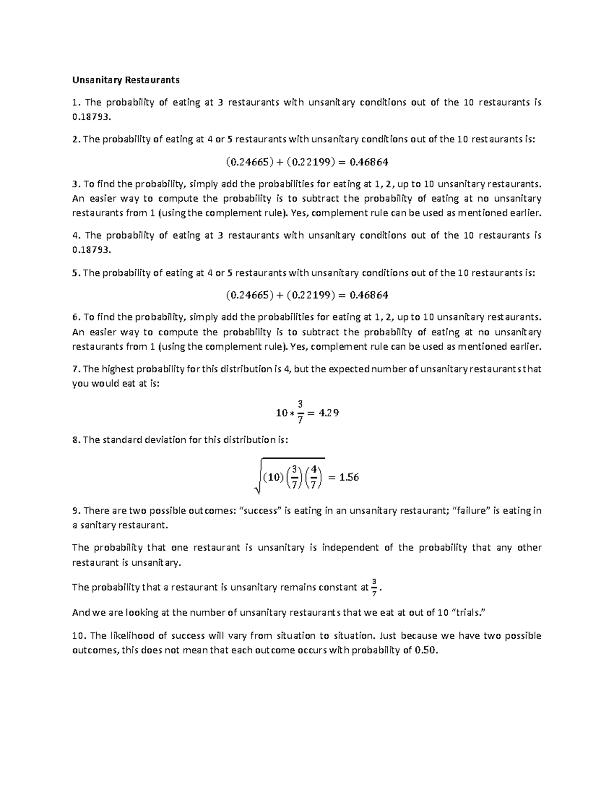 Statistics and Probability - Unsanitary Restaurants The probability of ...