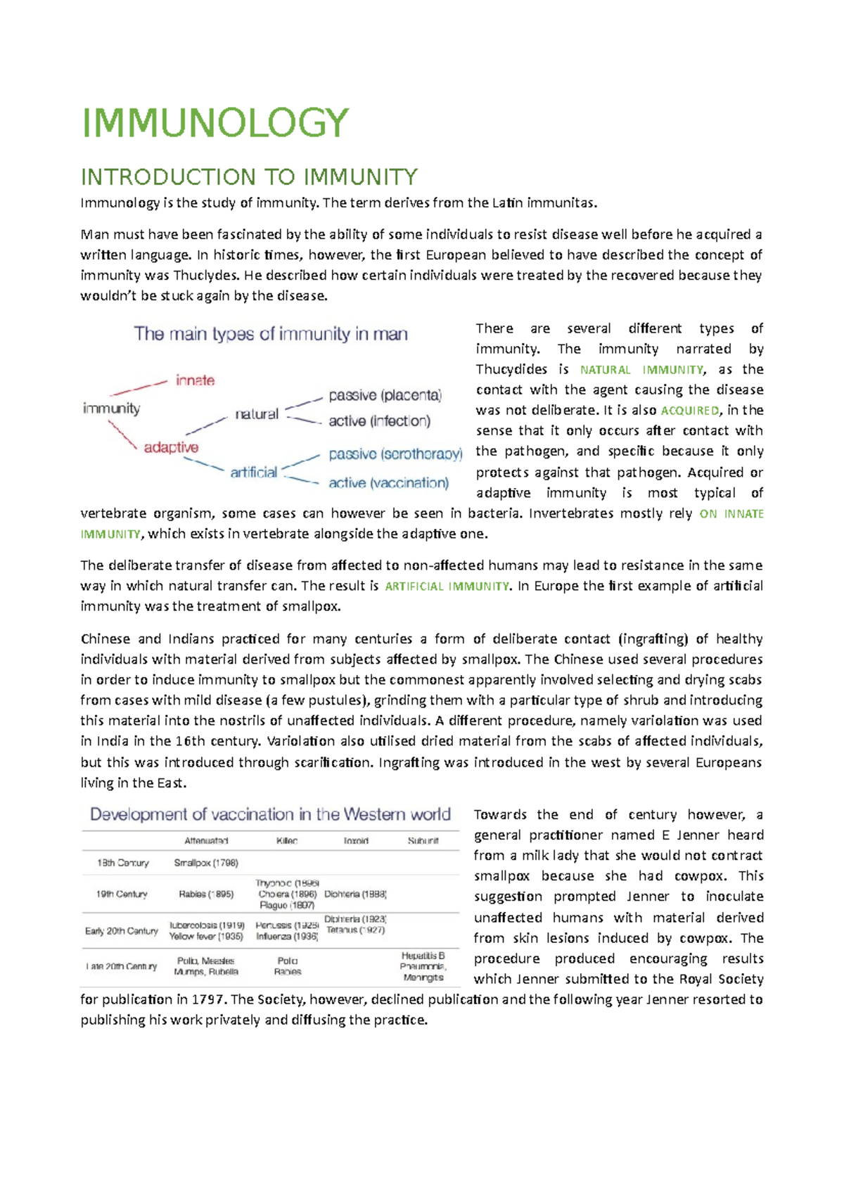 Immunology - notes - IMMUNOLOGY INTRODUCTION TO IMMUNITY Immunology is ...