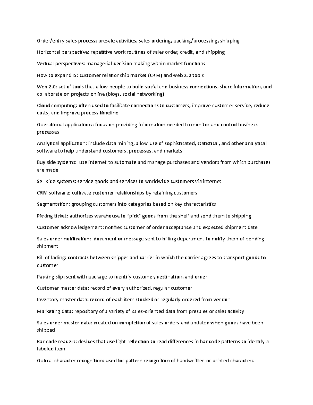 Ch 10 review - Professor Weiler's notes ch 10 - Order/entry sales ...