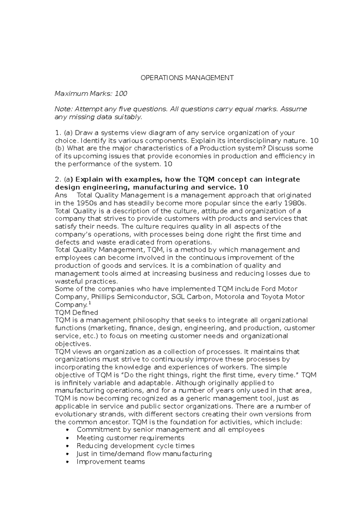 Operations Management 3 - OPERATIONS MANAGEMENT Maximum Marks: 100 Note ...