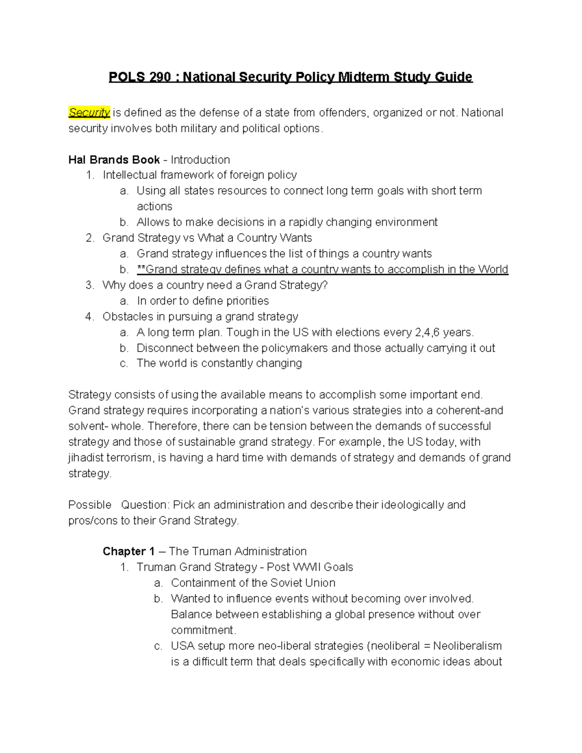 NSP Midterm - notes about national security policy - POLS 290 ...