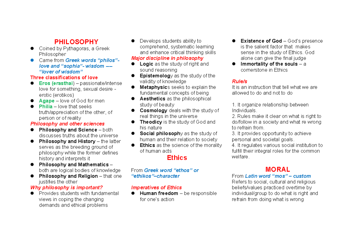 Ethics- Reviewer - PHILOSOPHY Coined by Pythagoras, a Greek Philosopher ...