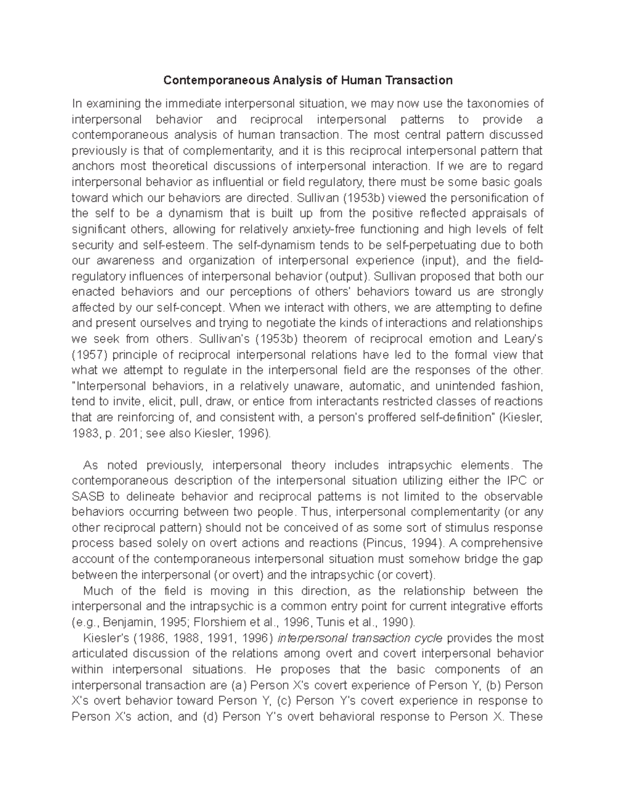 Interpersonal Theory of Personality - Contemporaneous Analysis of Human ...
