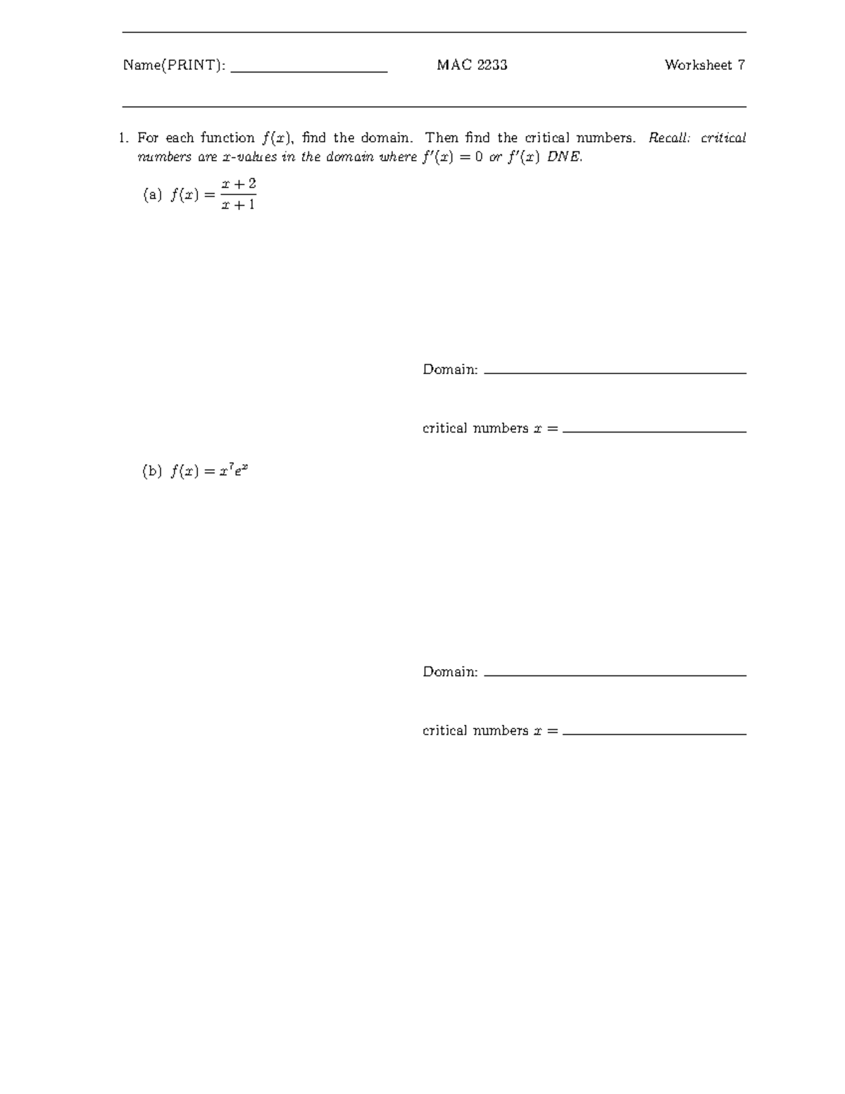 Worksheet 7-1 - Homework Assignment - Name(PRINT): MAC 2233 Worksheet 7 ...